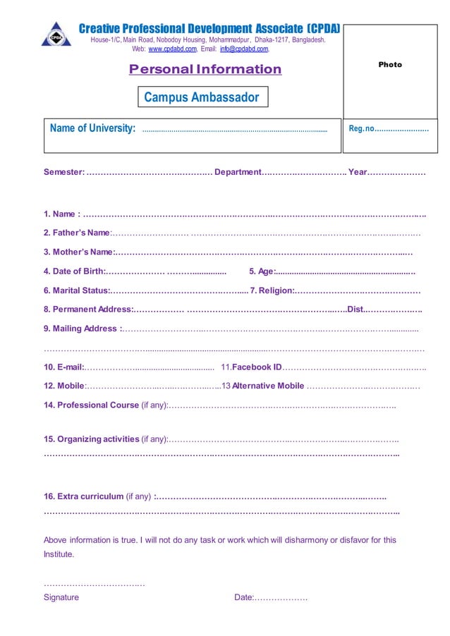 Campus ambassador info form | PDF
