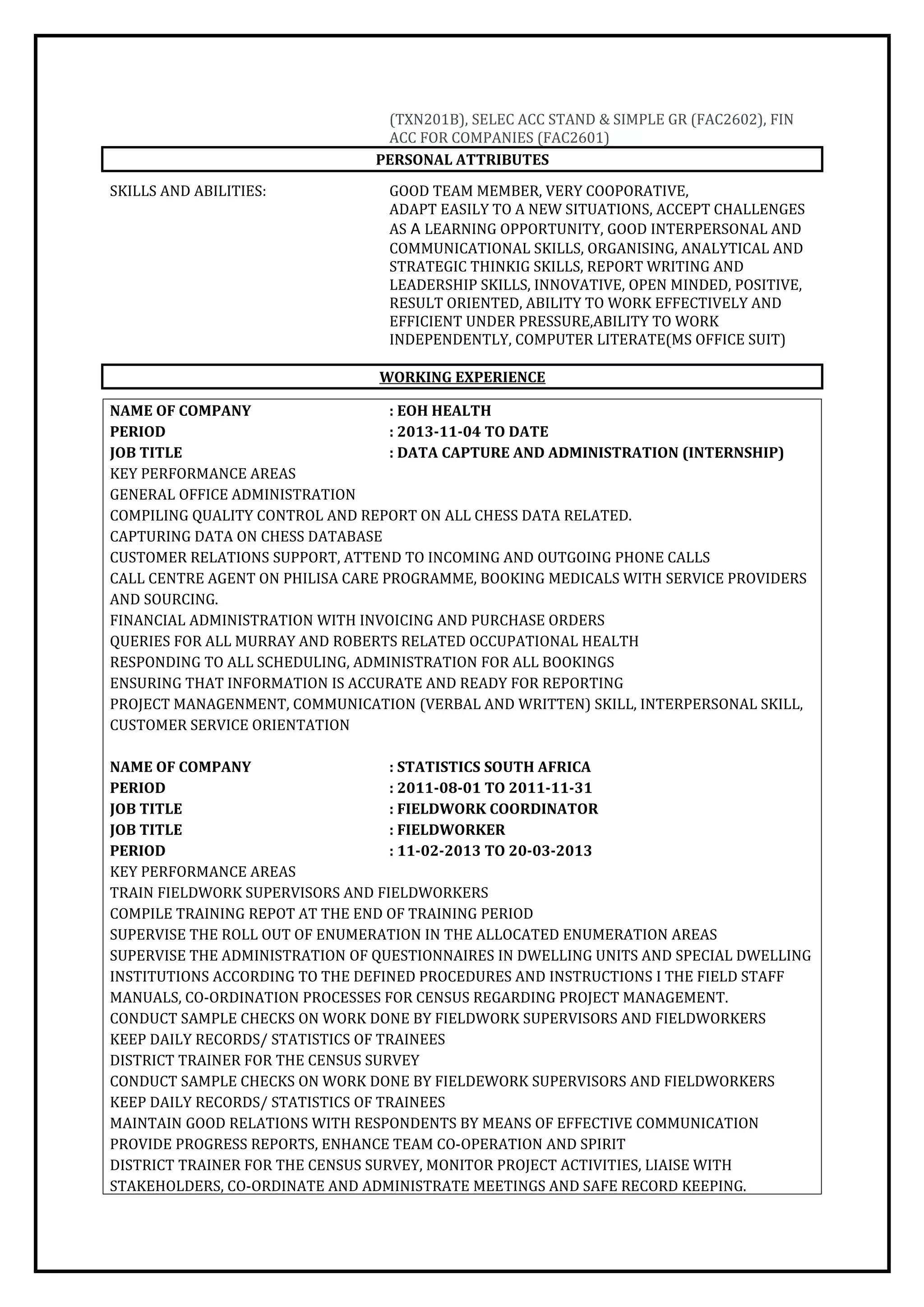 Camry's cv | DOC | Human Resources | Business