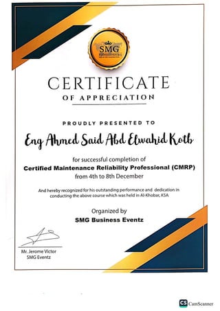Certificate of Appreciation for conducting the Certified Maintenance ...