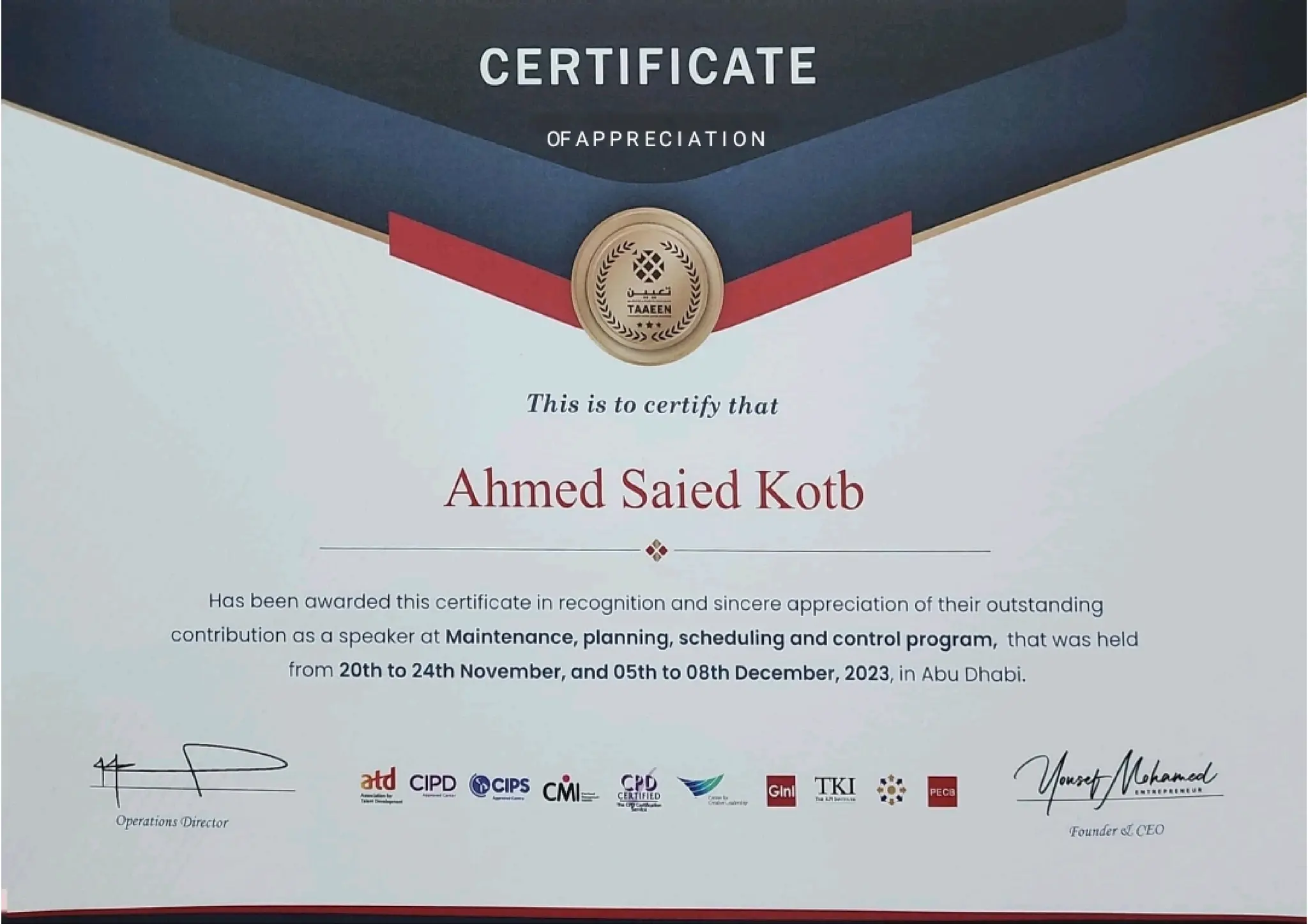Certificate of Appreciation for Conducting the "Maintenance Planning ...