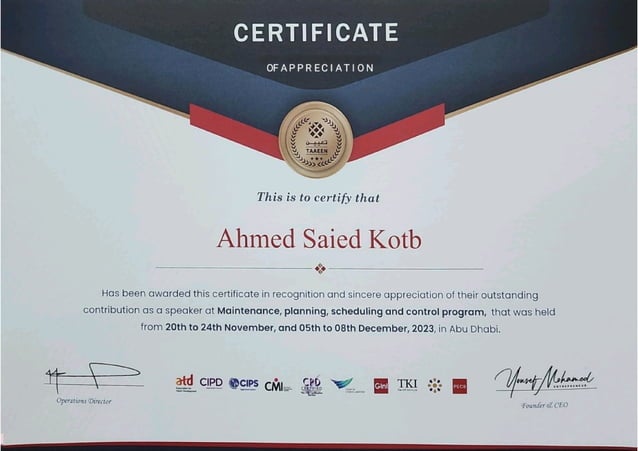 Certificate of Appreciation for Conducting the "Maintenance Planning, Scheduling, and Control ...