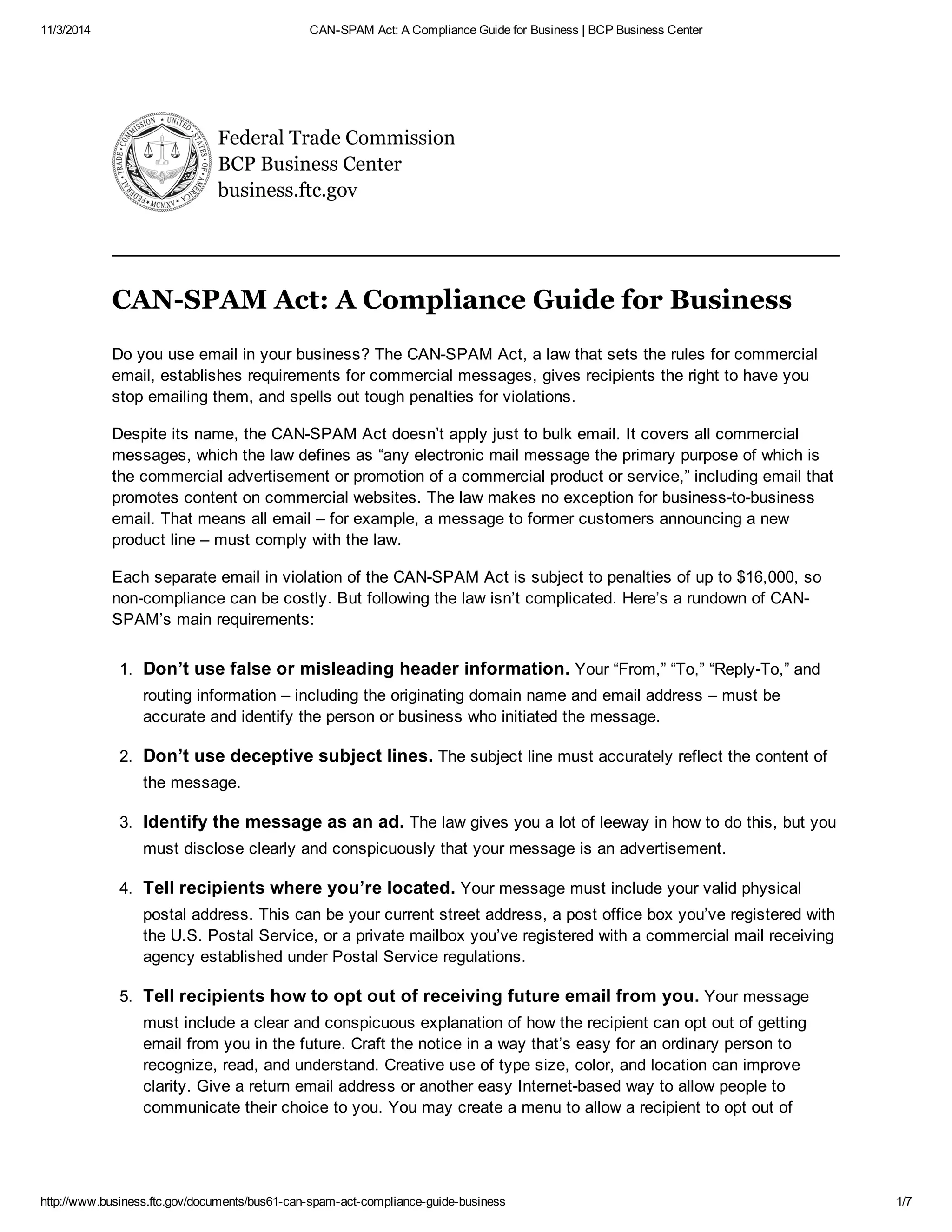CAN SPAM Act: A compliance guide for business | PDF | Email | Internet