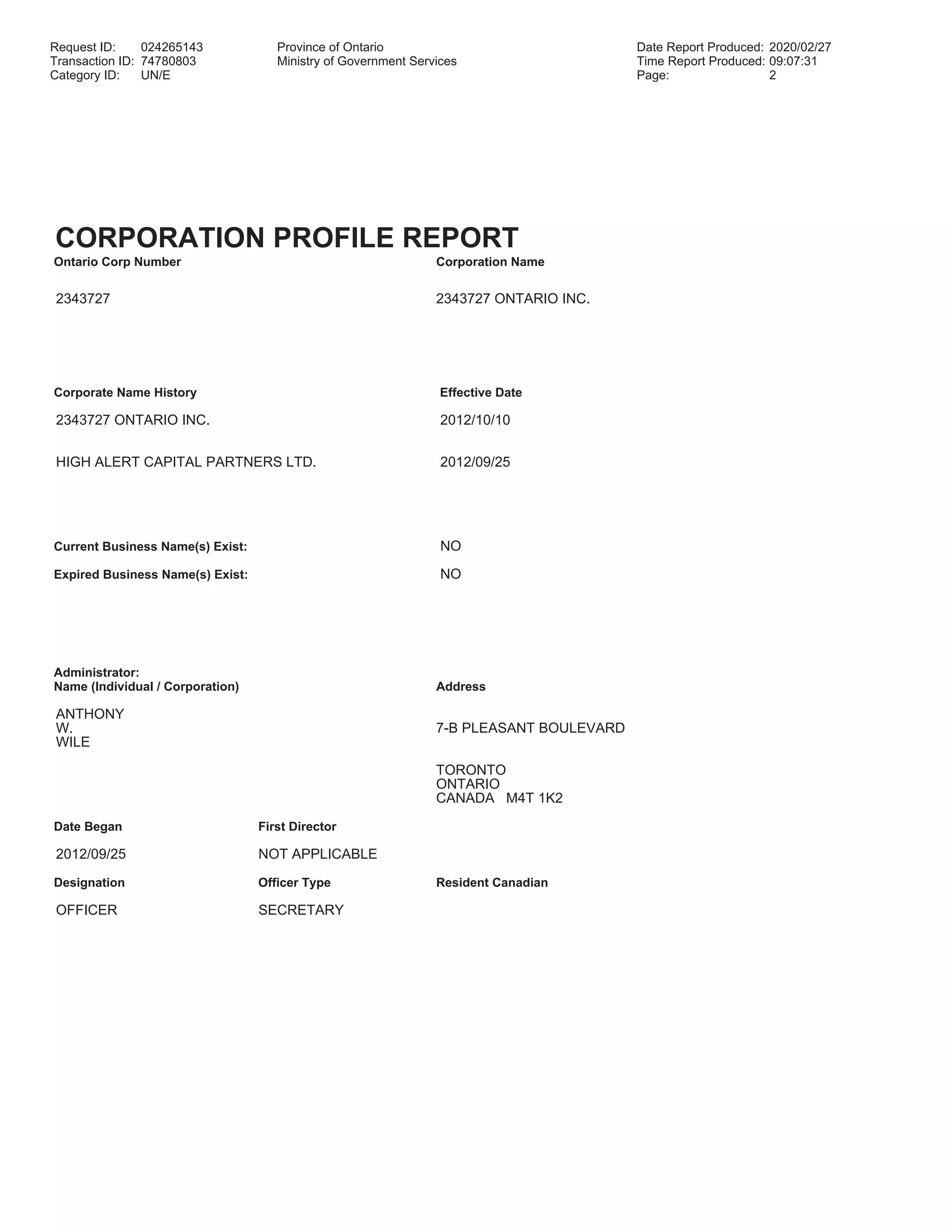 High Alert Capital (Canadian Corp. Records) | PDF