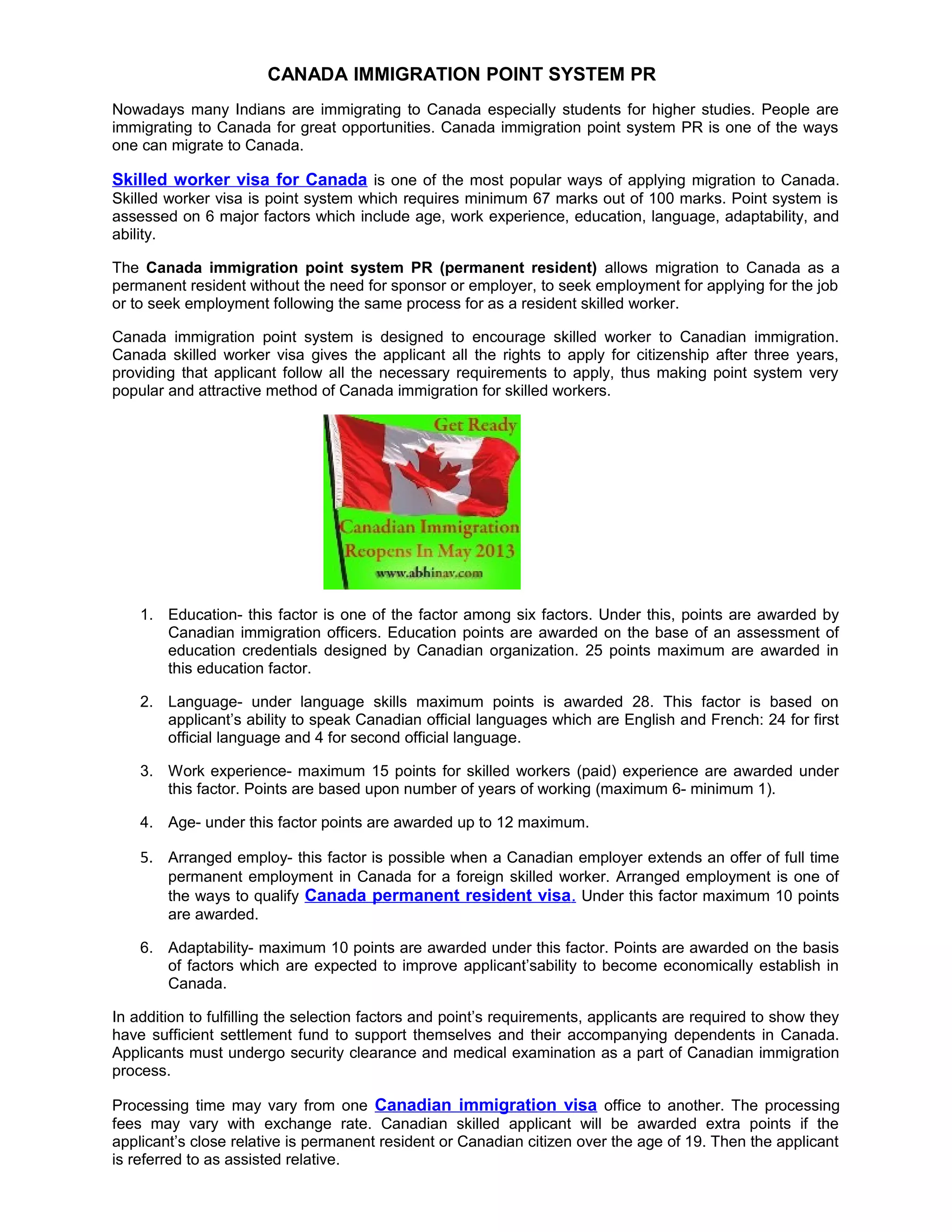 CANADA IMMIGRATION POINT SYSTEM PR | DOC