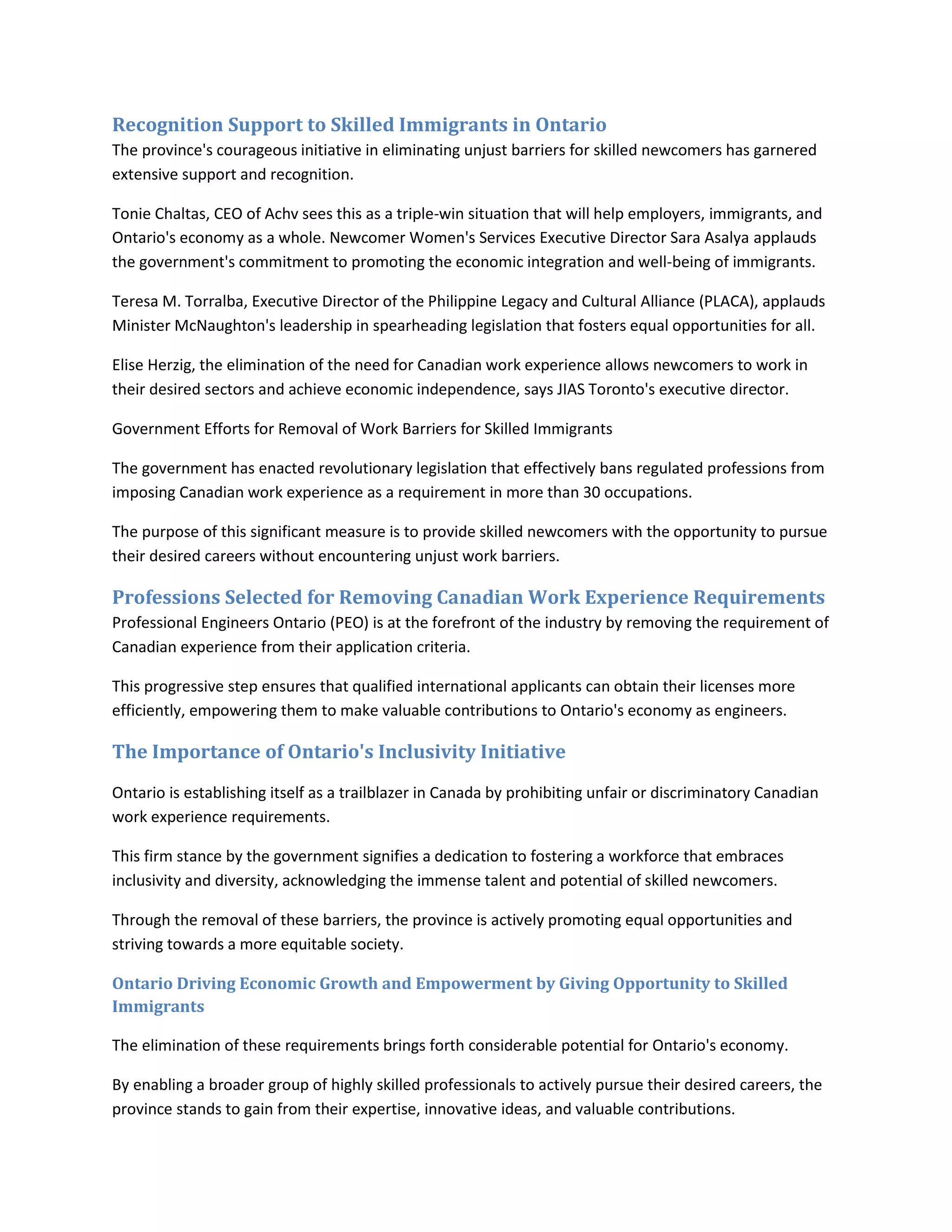 Canada Ontario Welcoming Skilled Immigrants and Removing Work ...