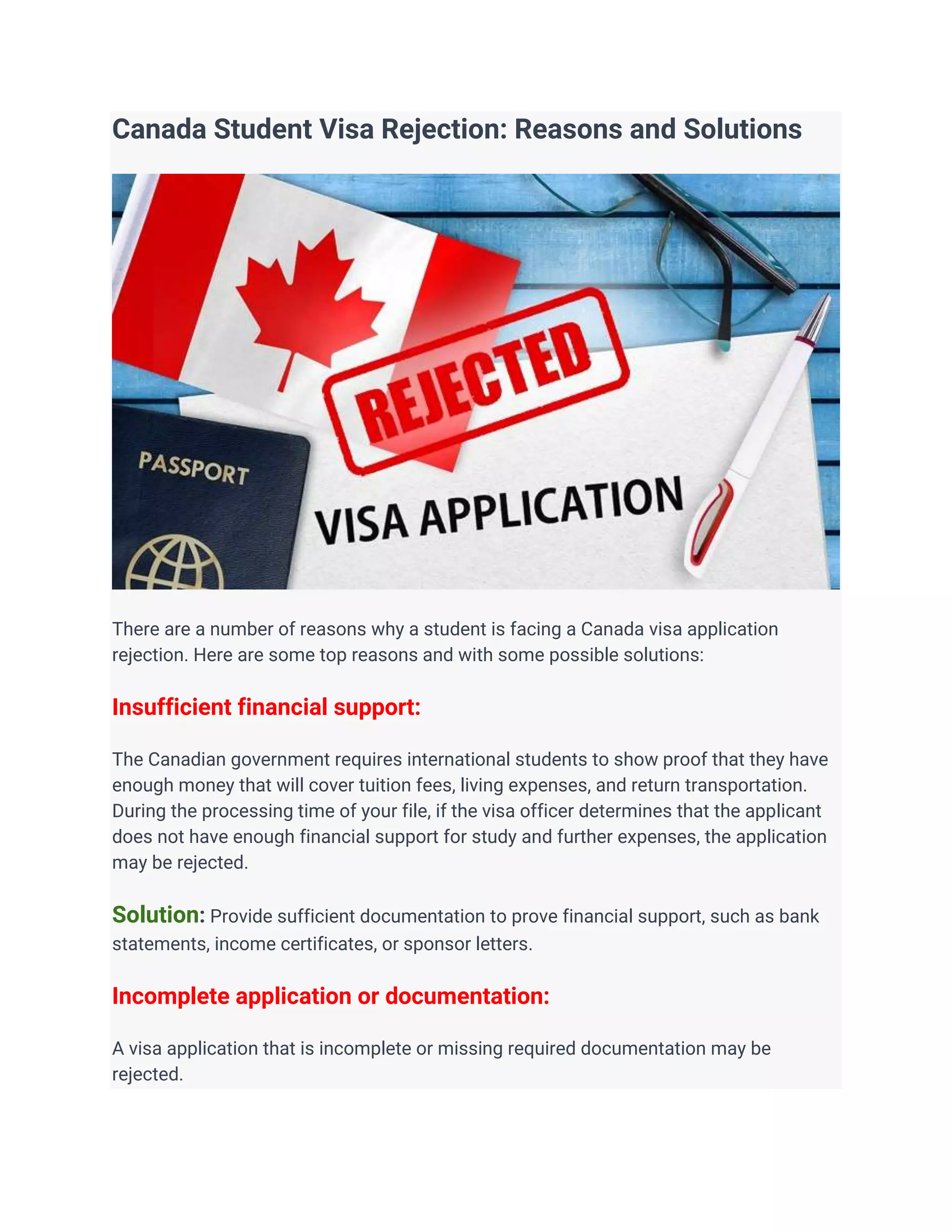 Canada Student Visa Rejection: Reasons and Solutions | PDF