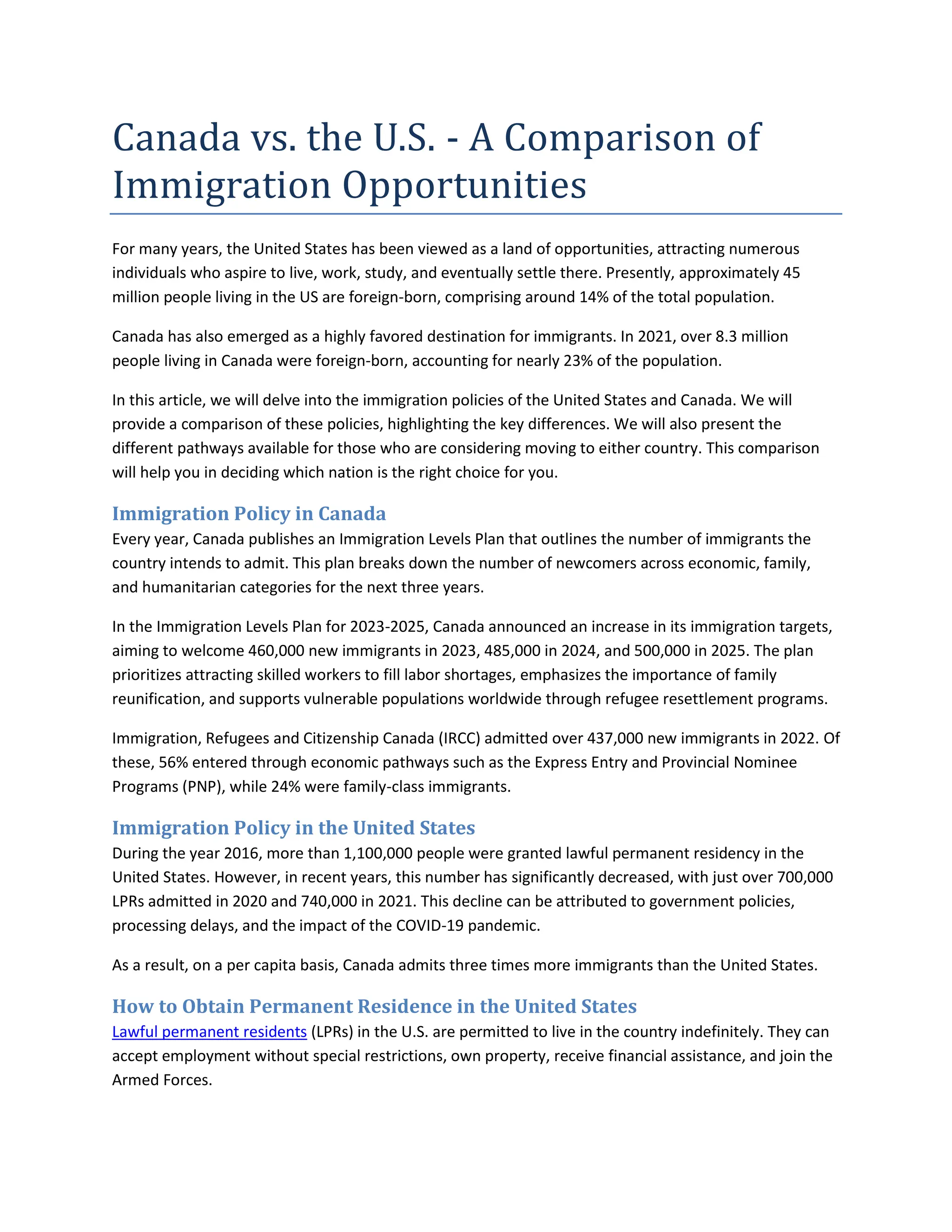 Canada vs. the U.S. - A Comparison of Immigration Opportunities.docx