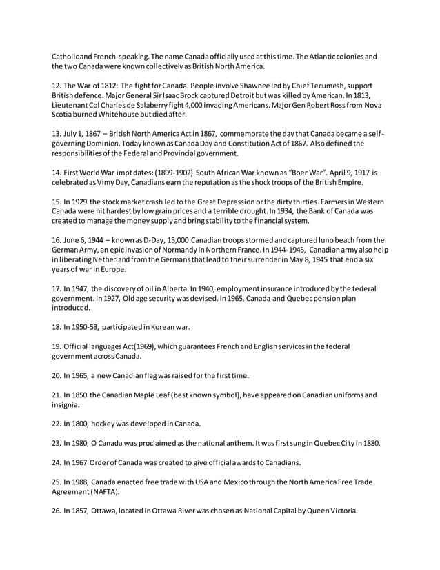 Important Names And Dates for Canadian Citizenship Exam | DOCX