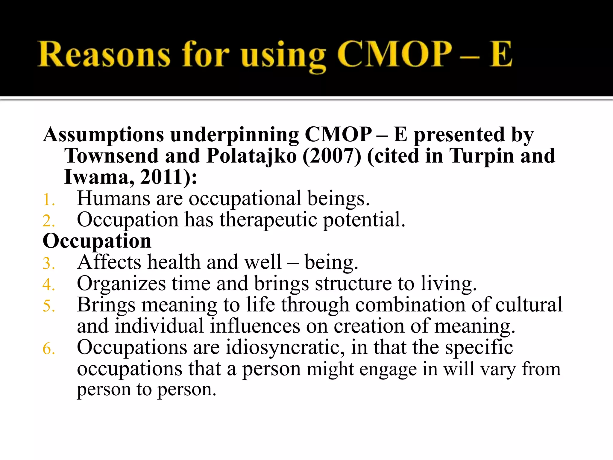 Canadian model of occupational performance and engagement | PPTX