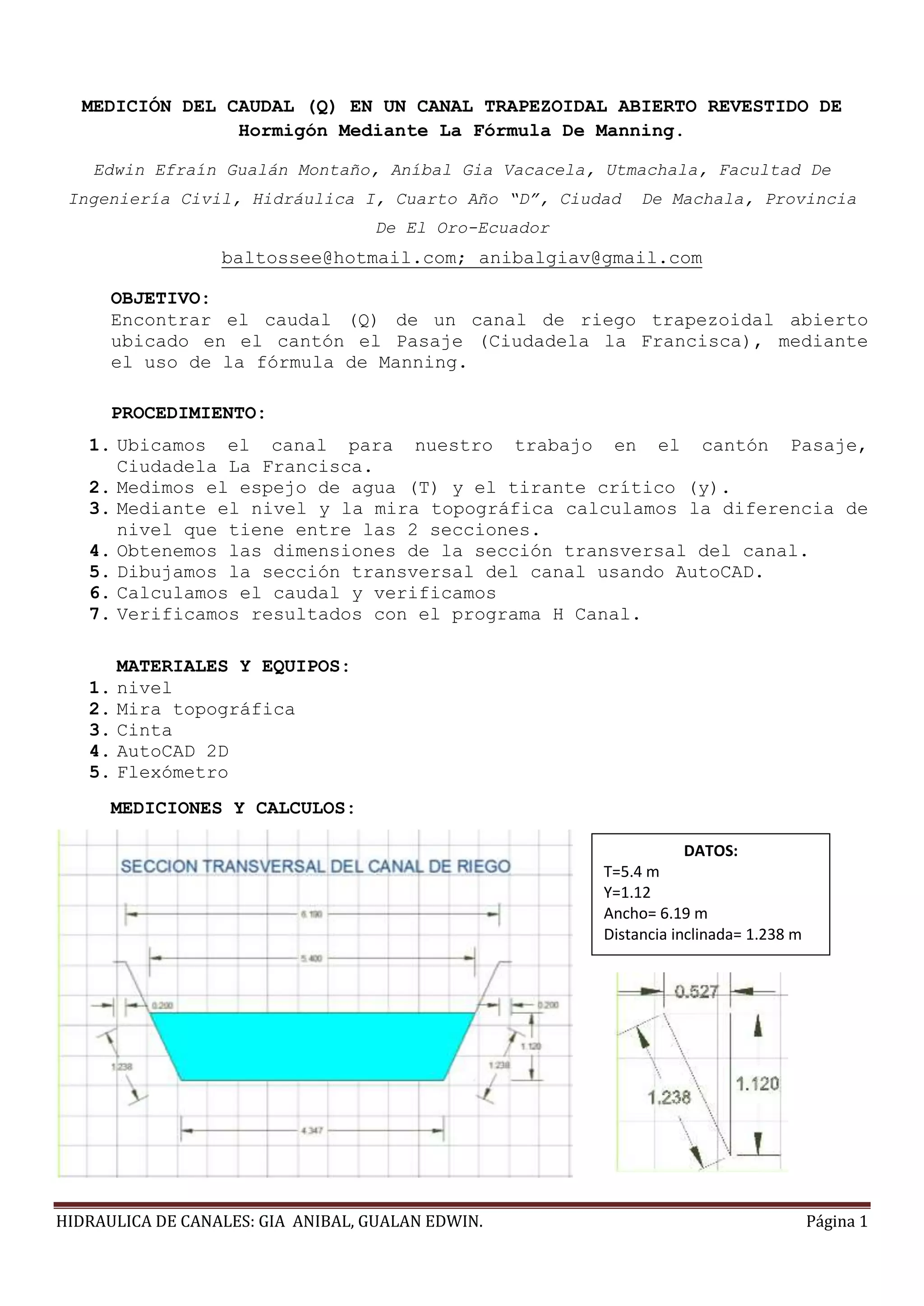 CALCULO DE CAUDAL - FORMULA DE MANNING-Canal hidraulica | DOCX