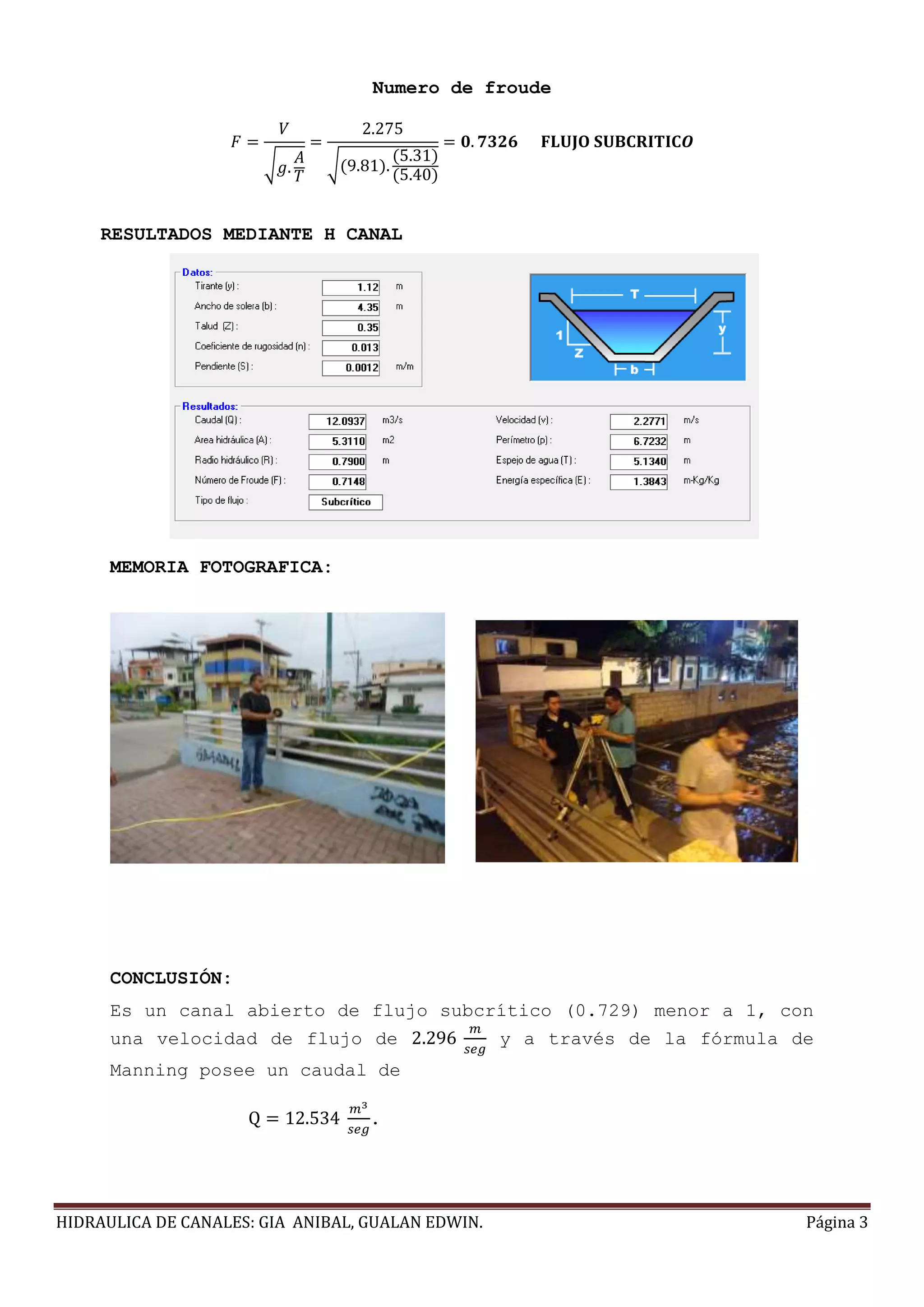 CALCULO DE CAUDAL - FORMULA DE MANNING-Canal hidraulica | DOCX