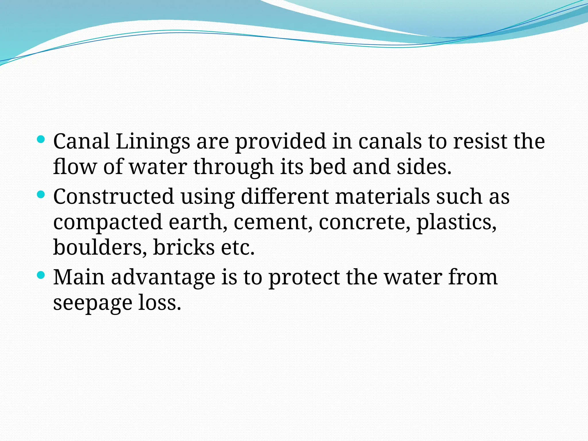 Canal lining defined in Irrigation Engineering | PPTX