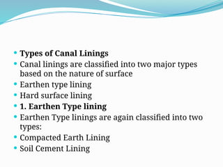 Canal lining defined in Irrigation Engineering | PPTX