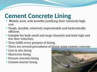 Canal lining defined in Irrigation Engineering | PPTX