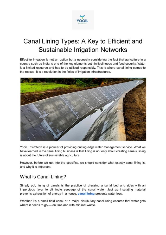 Canal Lining Types for Sustainable Irrigation | Yooil | PDF