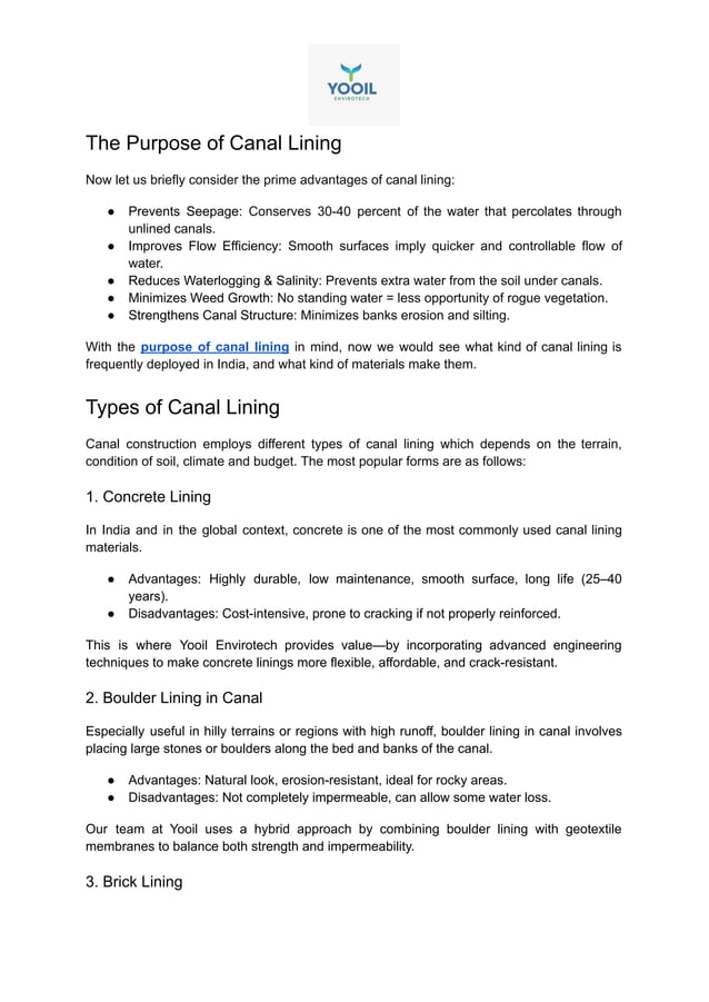 Canal Lining Types for Sustainable Irrigation | Yooil | PDF
