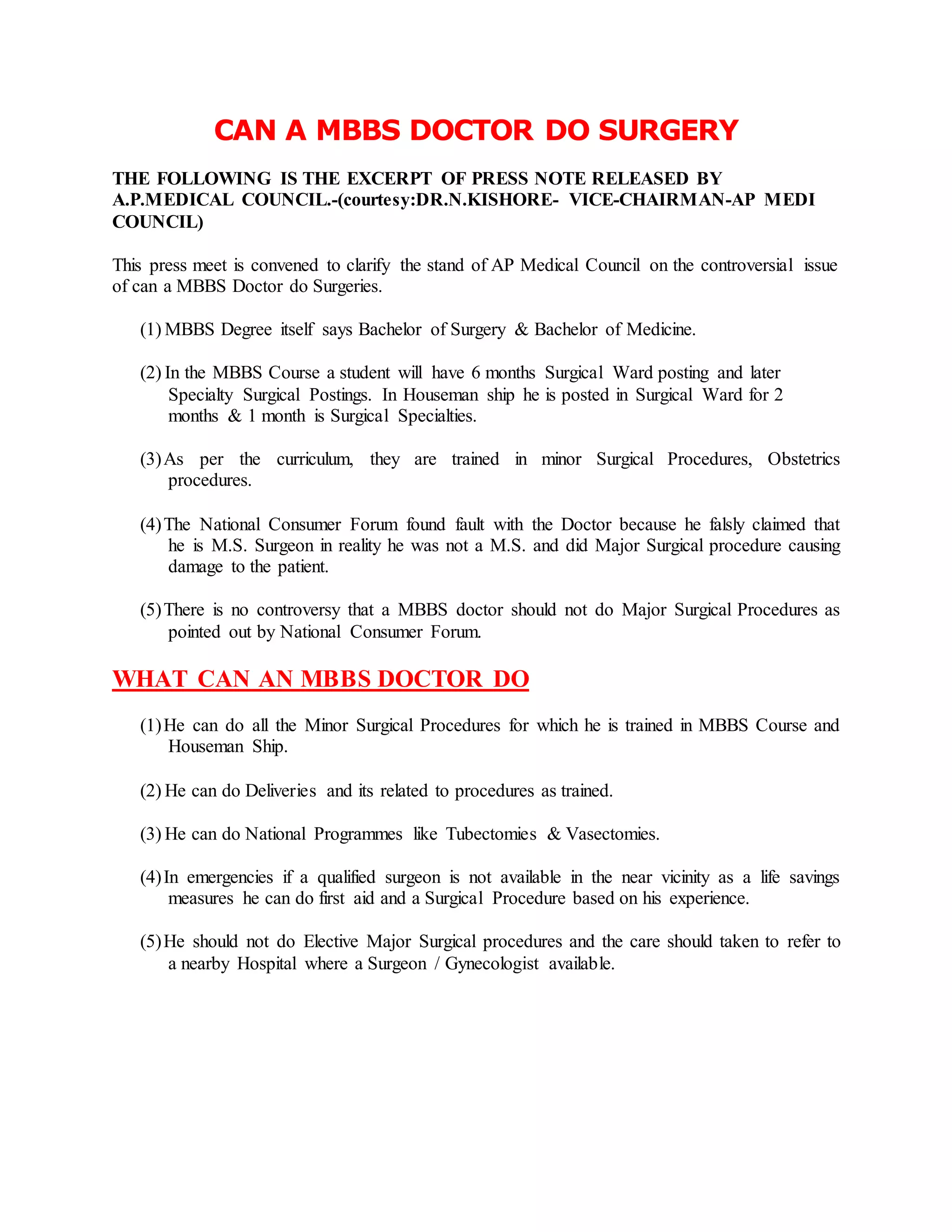 Can a mbbs doctor do surgery by n | DOCX