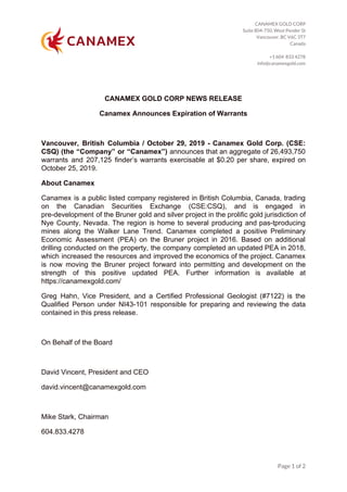 Canamex Gold Corp Press Release 10.29.19