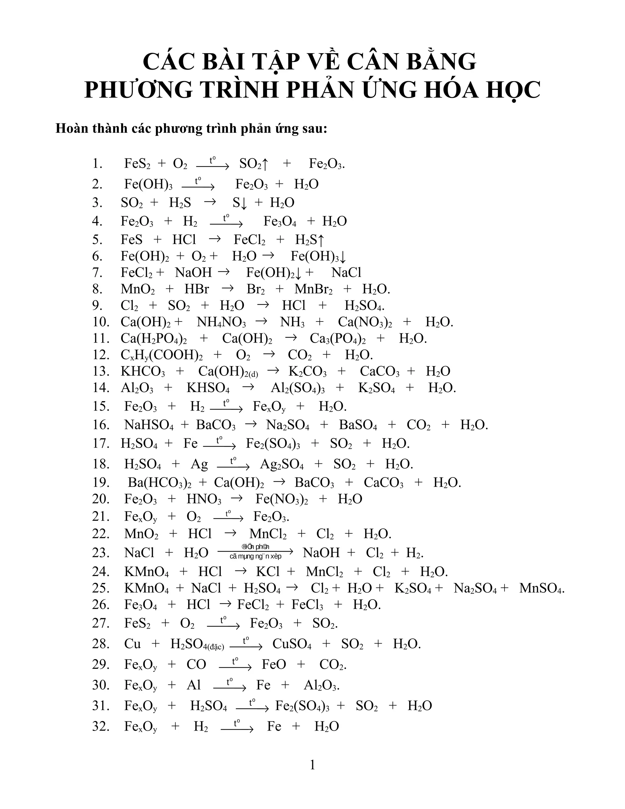 Cân bằng phương trình hóa 10 | DOC