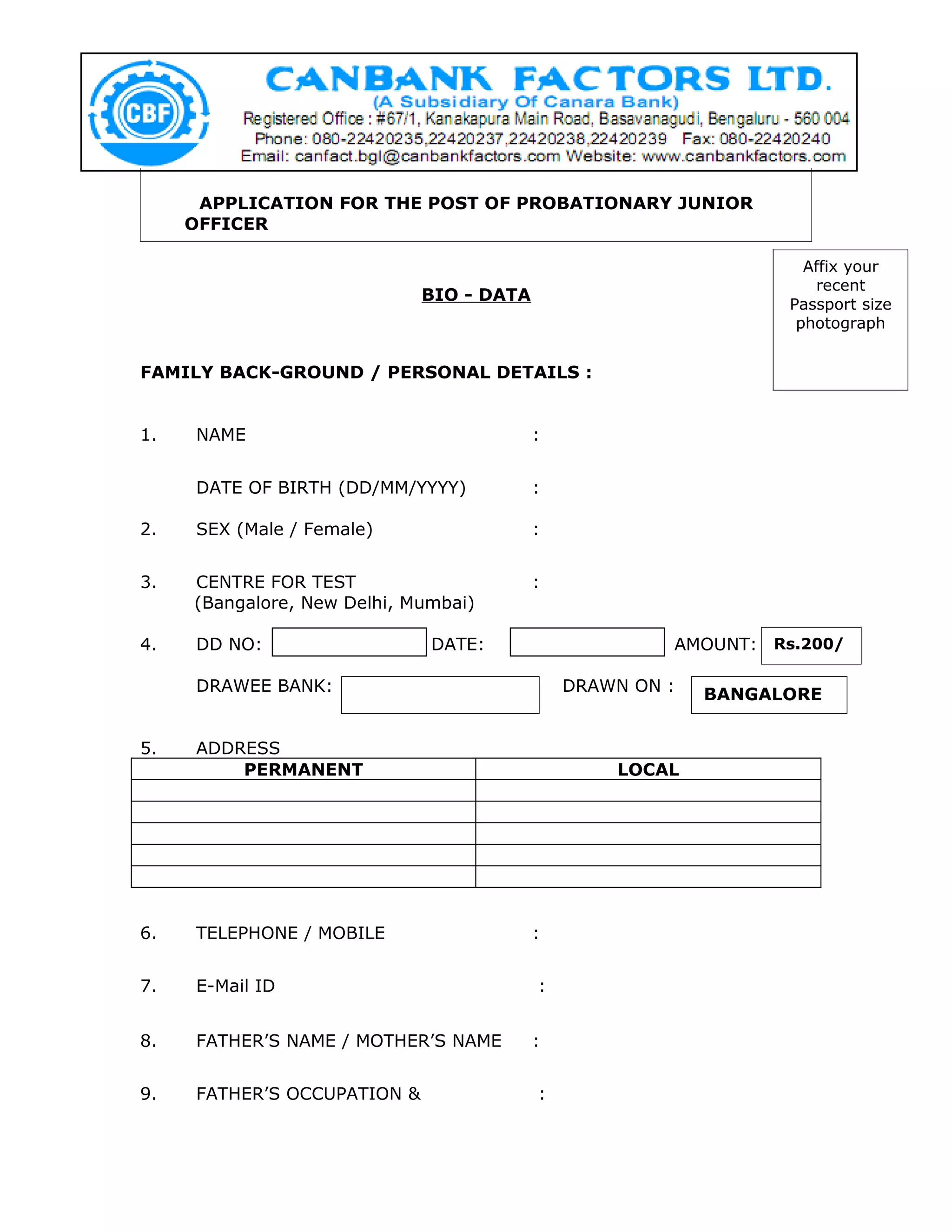 Canbankfactors biodata form | DOC
