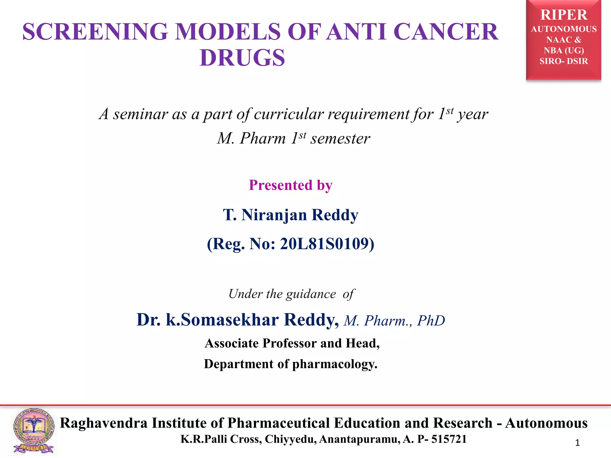 Screening Models Of Anti Cancer Drugs | PPTX