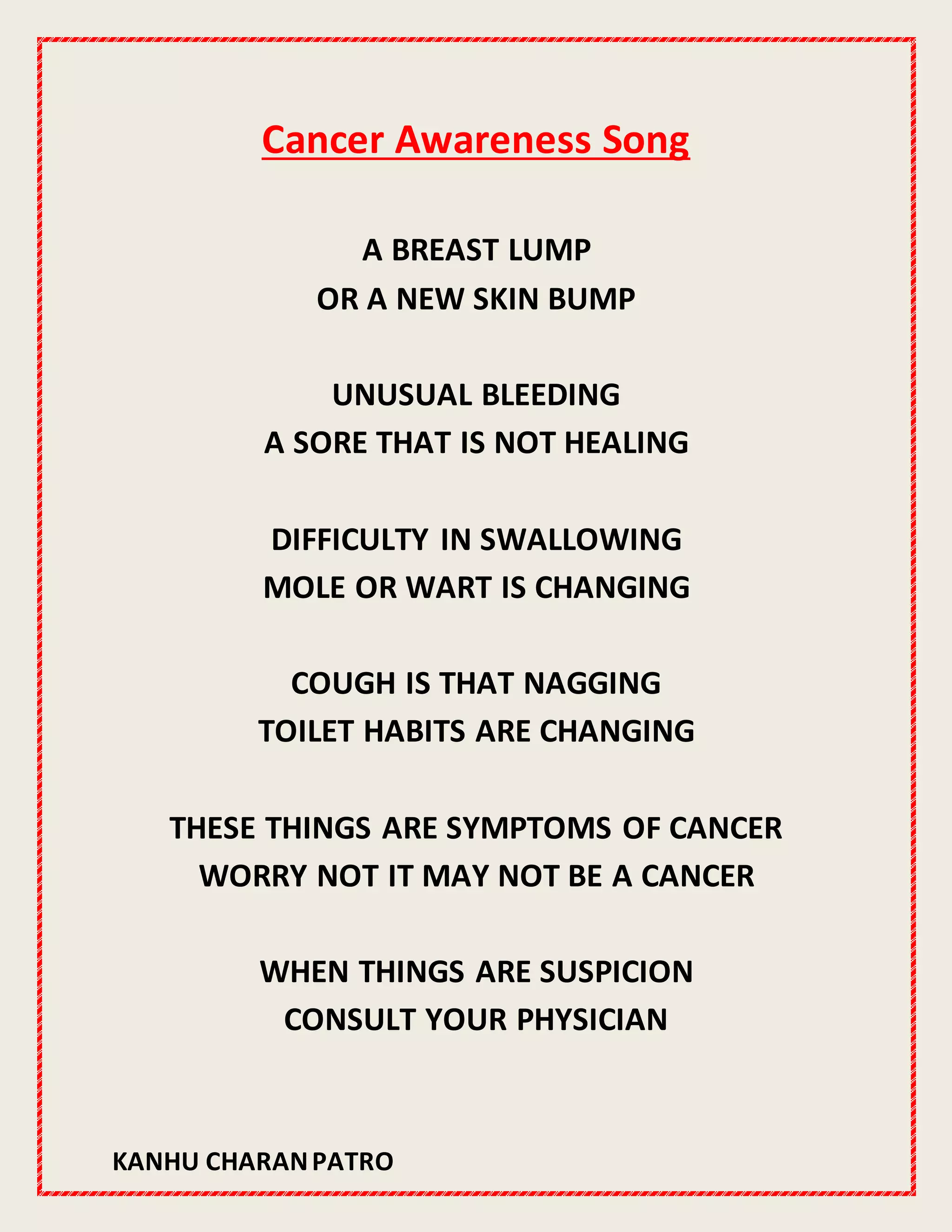 Cancer awareness song | DOCX | Cancer | Diseases and Conditions