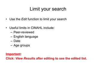 CINAHL Advanced Search Techniques | PPT