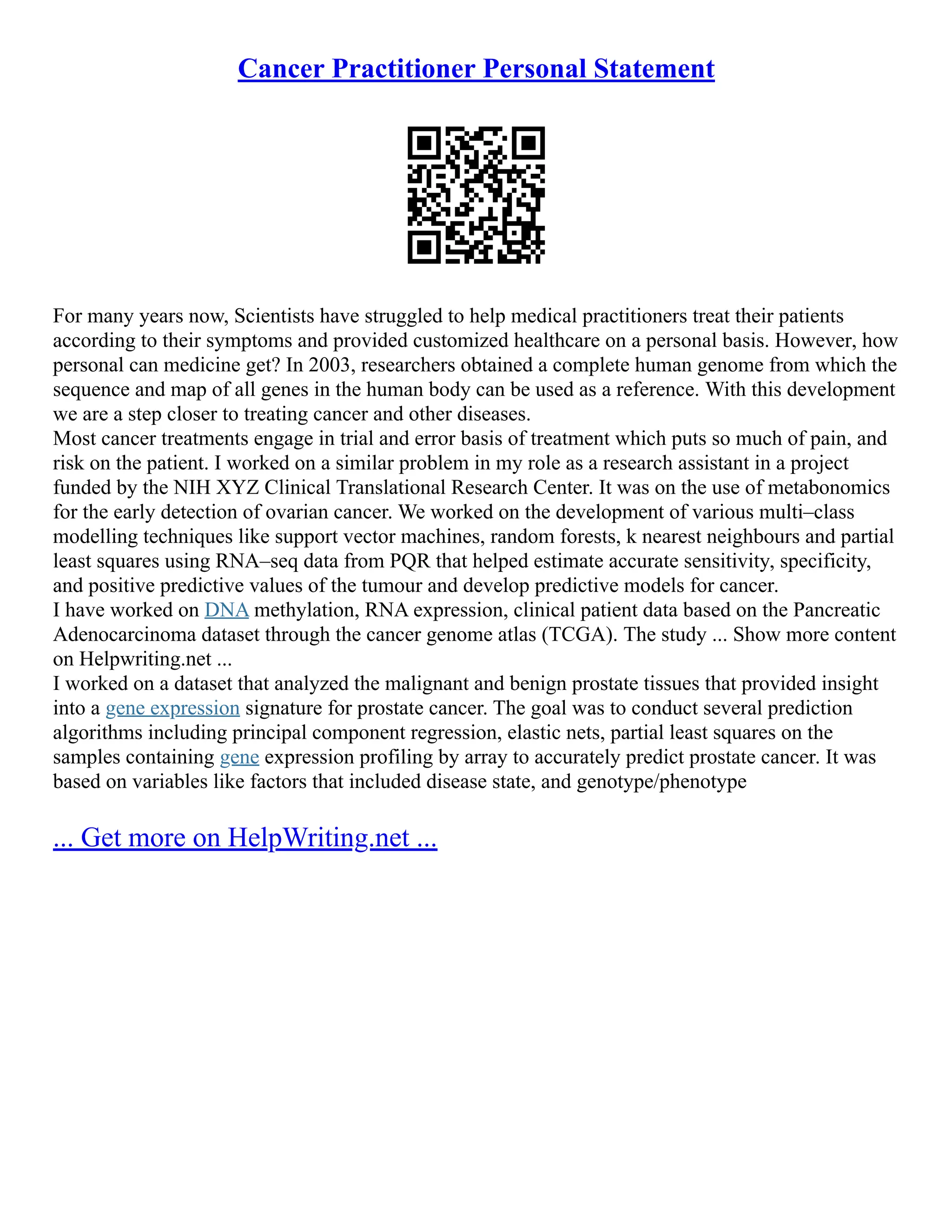 Cancer Practitioner Personal Statement | PDF