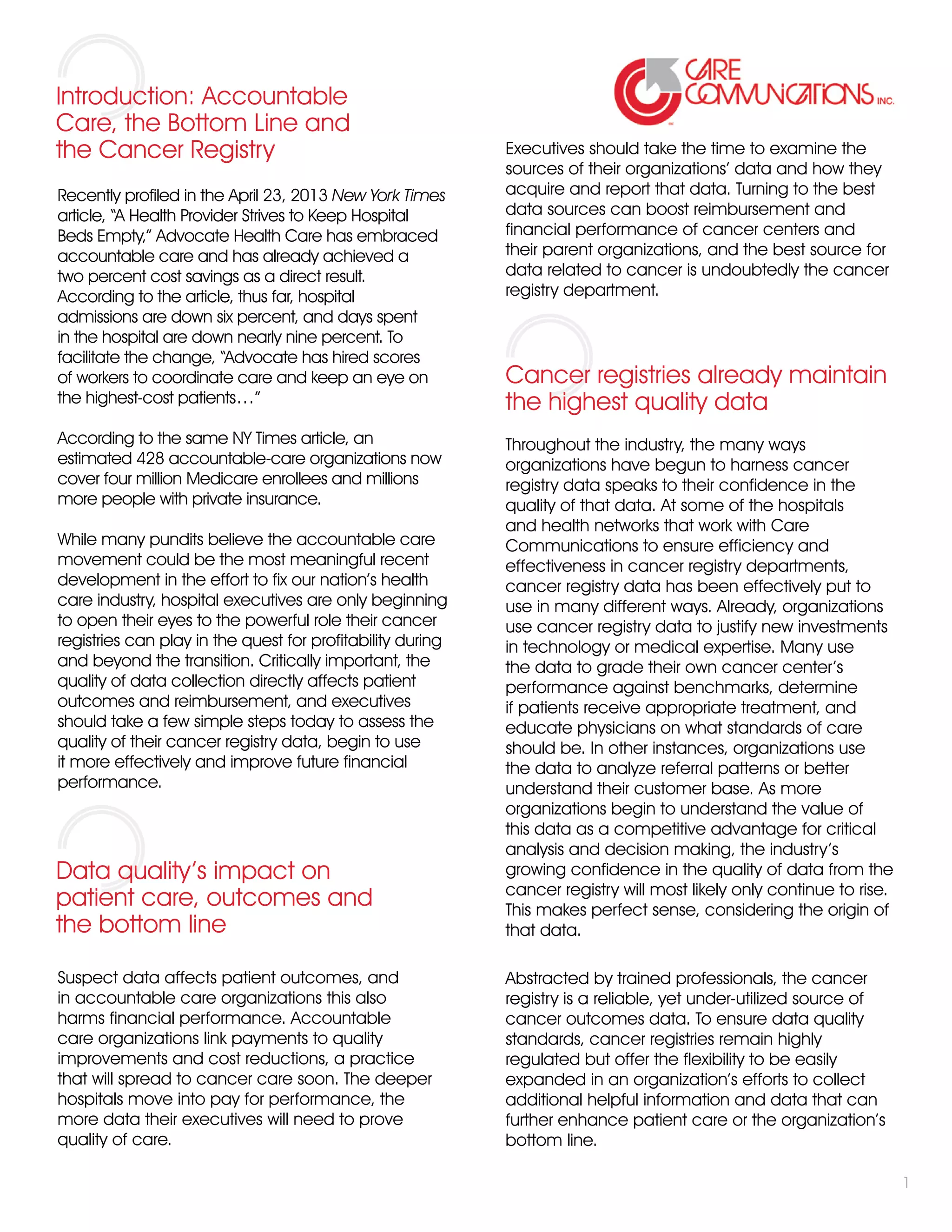 Cancer Registry and the Link to Accountable Care | PDF