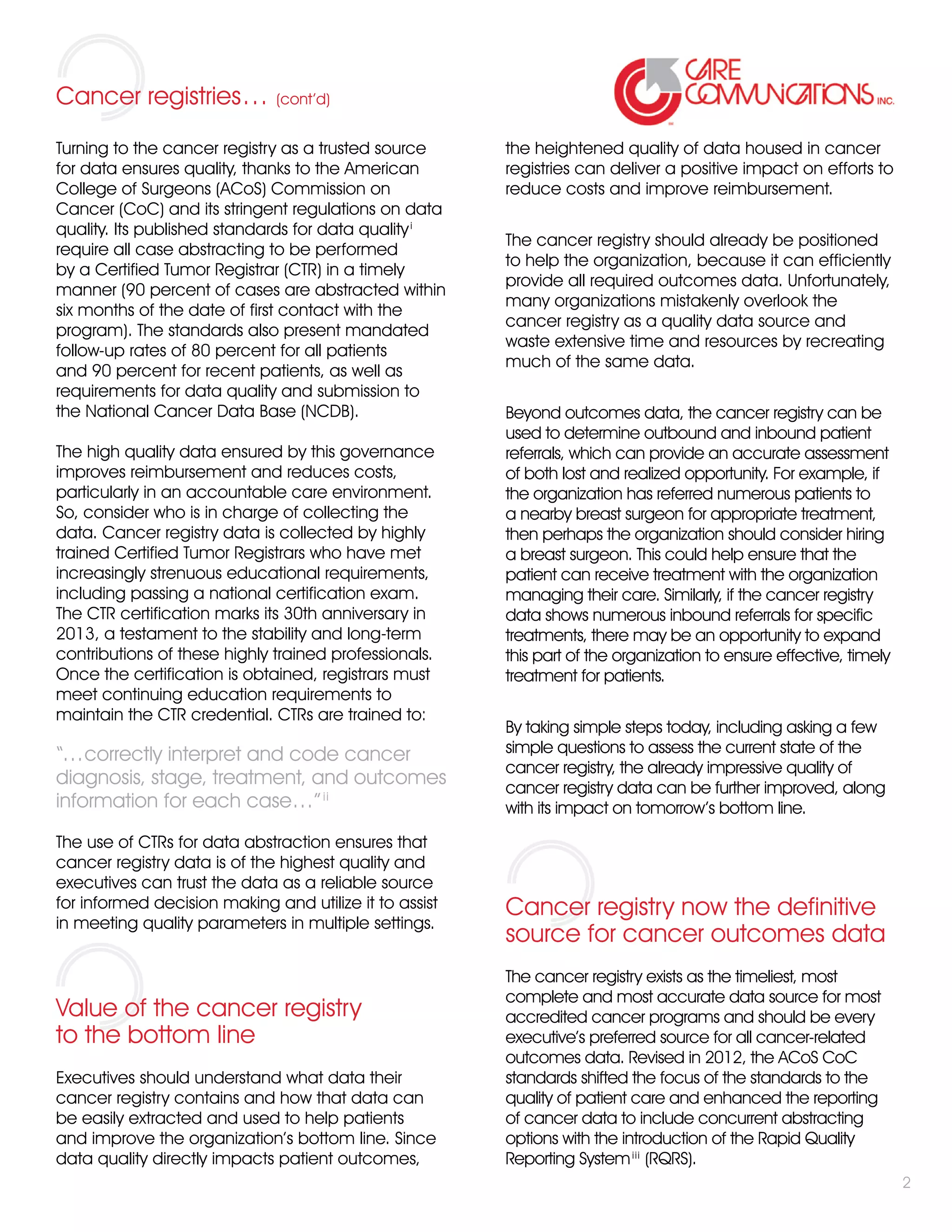 Cancer Registry and the Link to Accountable Care | PDF