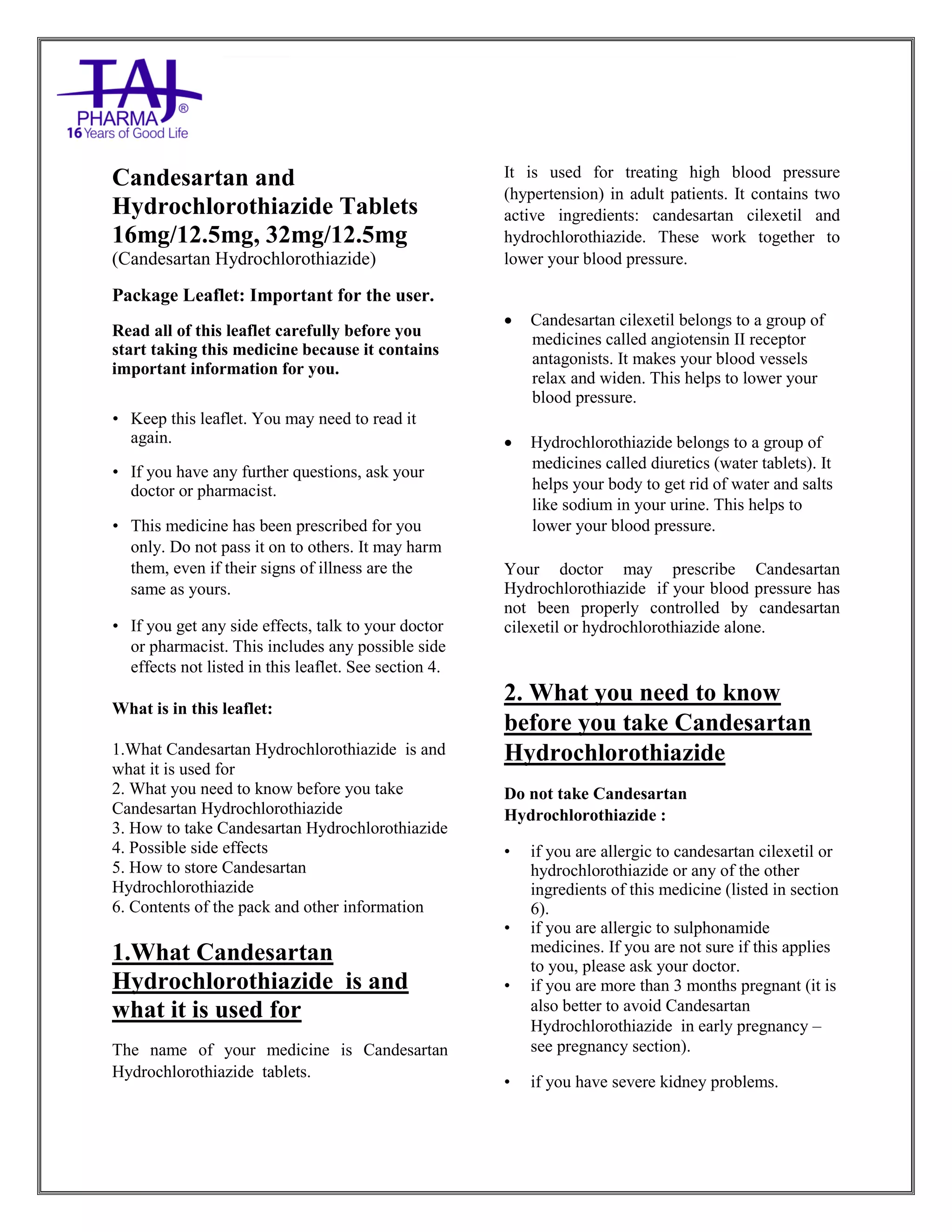 Candesartan and Hydrochlorothiazide Tablets PIL Taj Pharmaceuticals | PDF