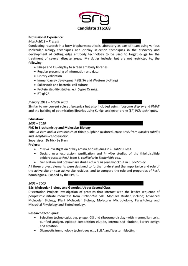 Candidate 116168 (srg) molecular biologist | PDF