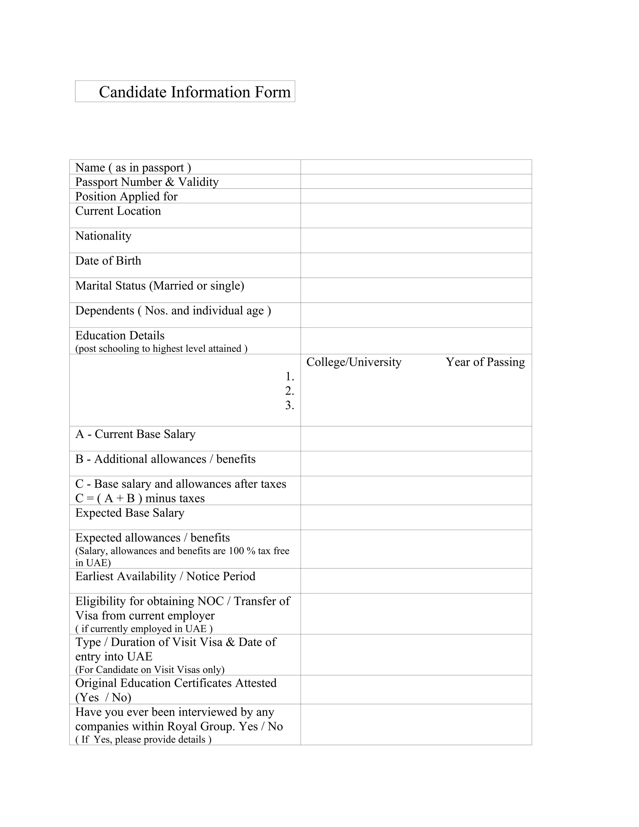 Candidate information entry form | DOC | Careers