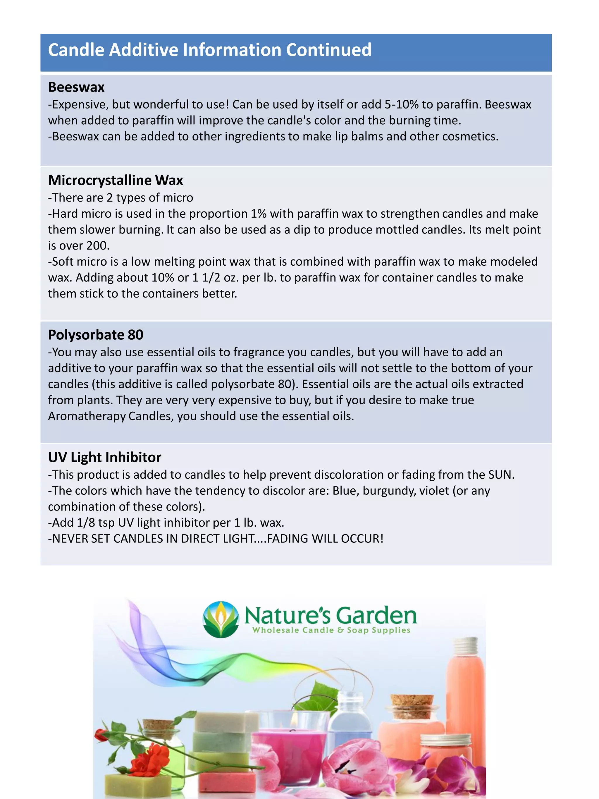 Candle additives | PDF | Candle and Soap Making | Arts and Crafts