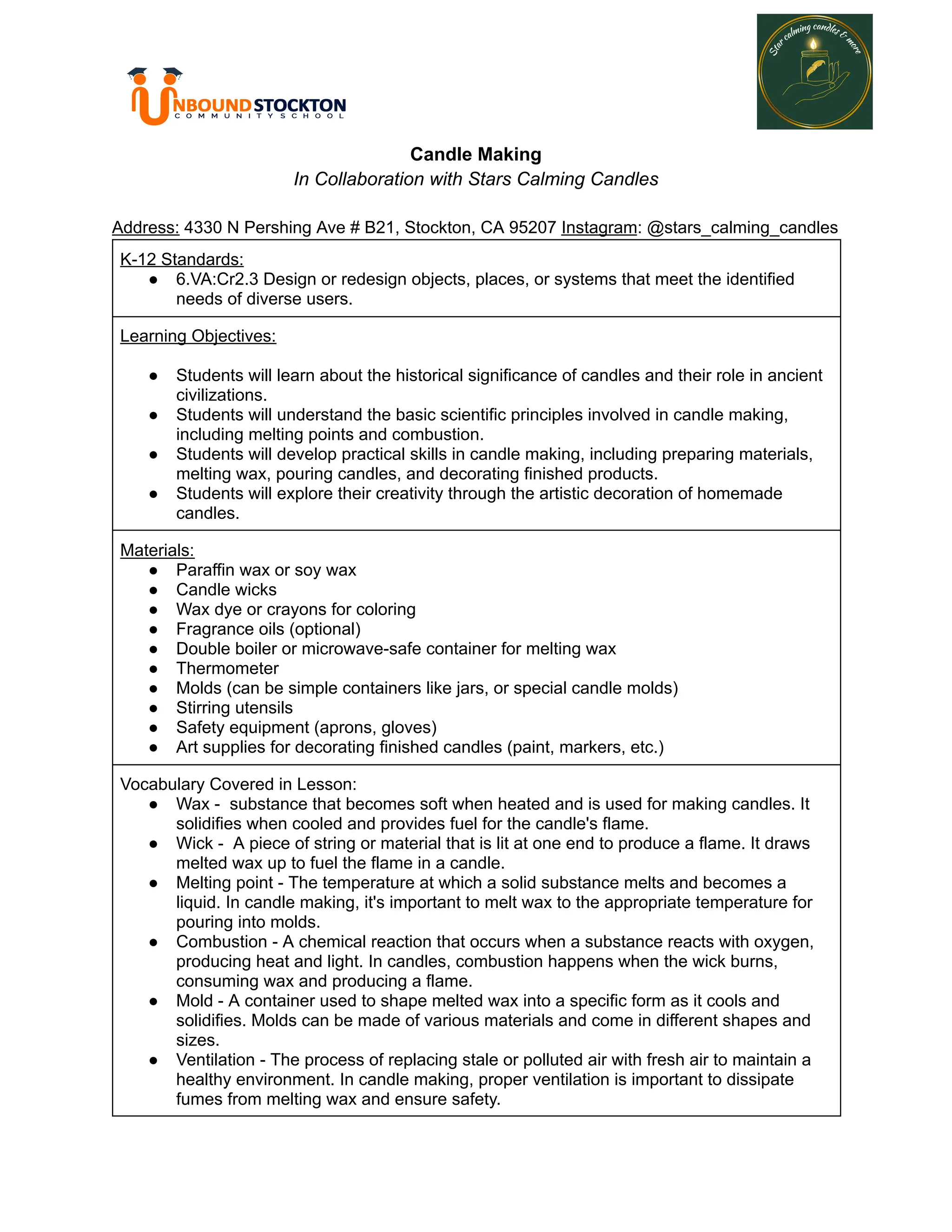 Candle Making Lesson Plan - Unbound Stockton | PDF