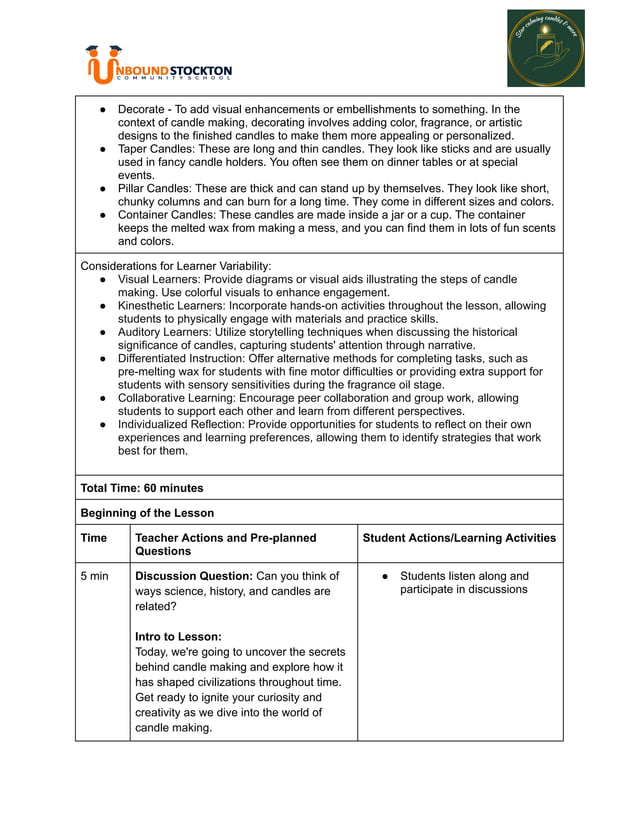 Candle Making Lesson Plan - Unbound Stockton | PDF | Candle and Soap ...