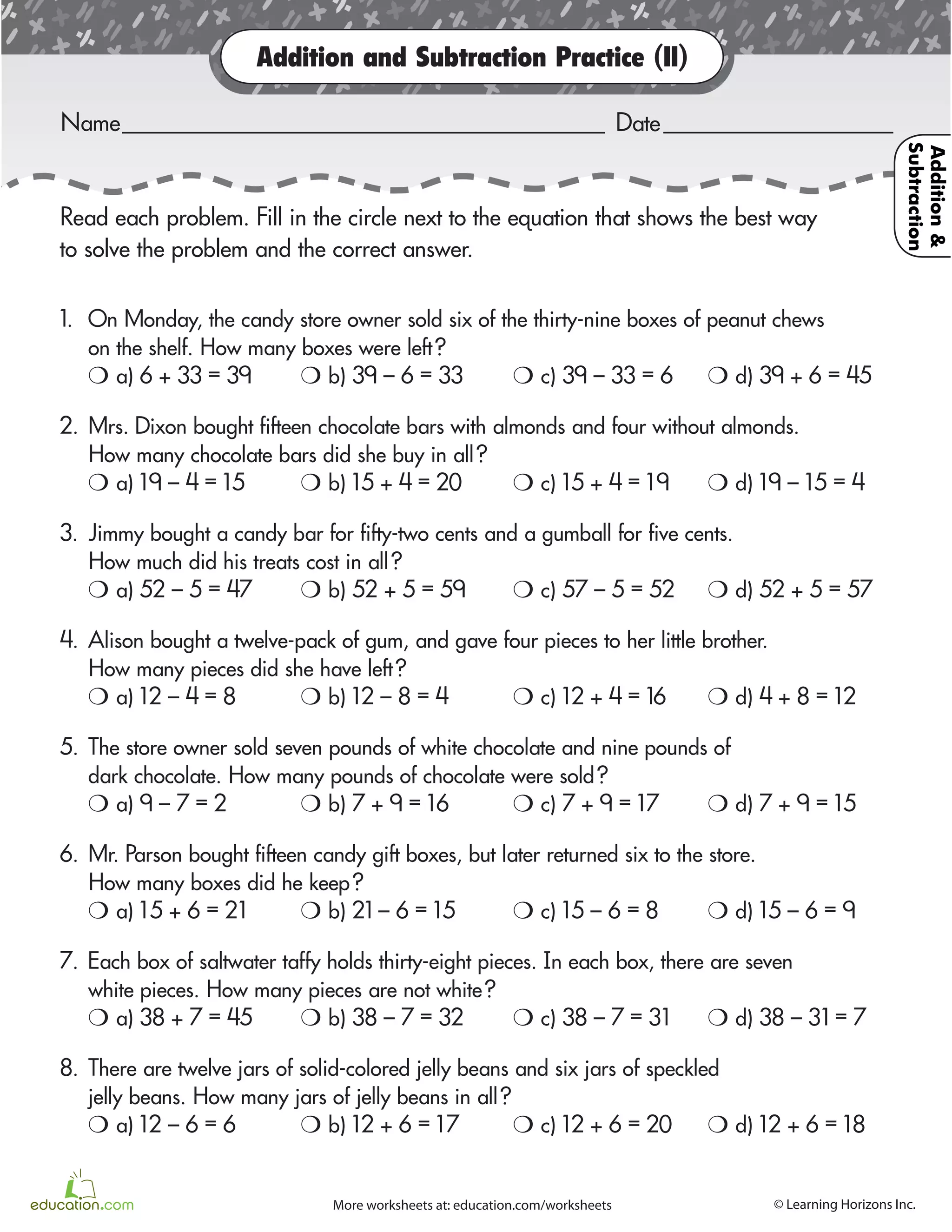 Candy store-quiz-addition-subtraction | PDF