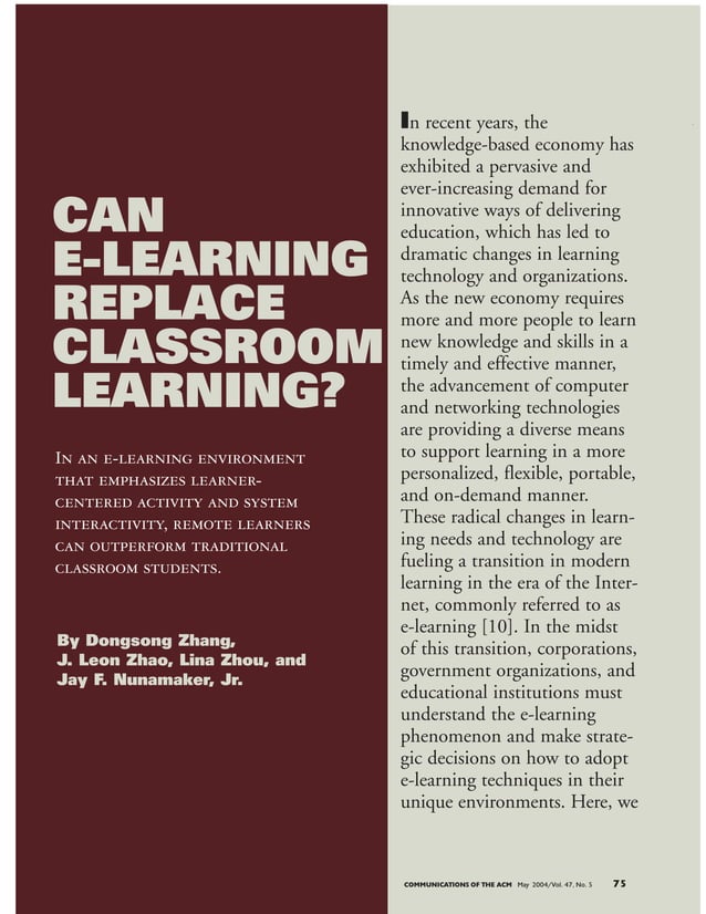 CAN E-LEARNING REPLACE CLASSROOM LEARNING?. | PDF