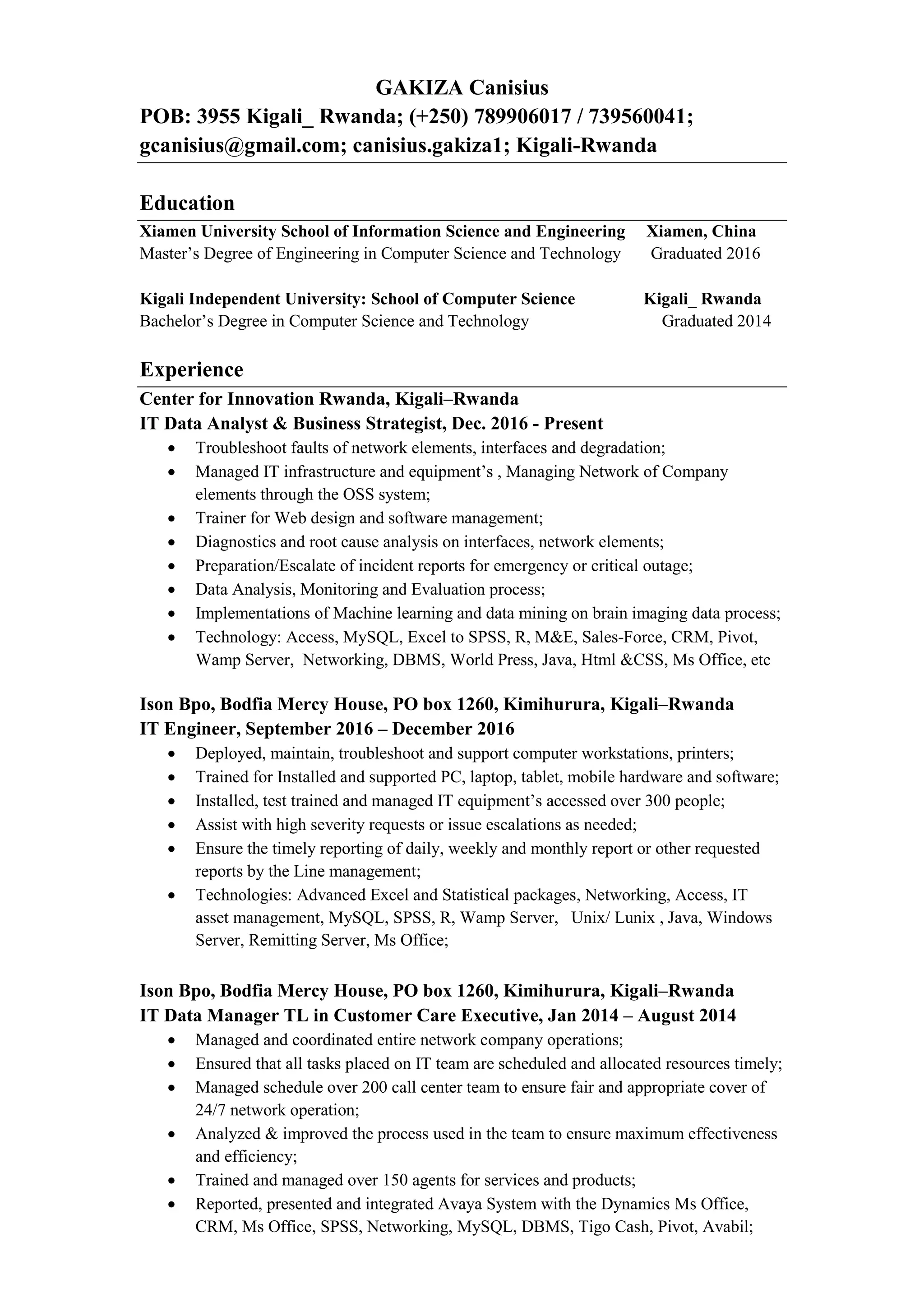 Canisius gakiza's application cv | PDF
