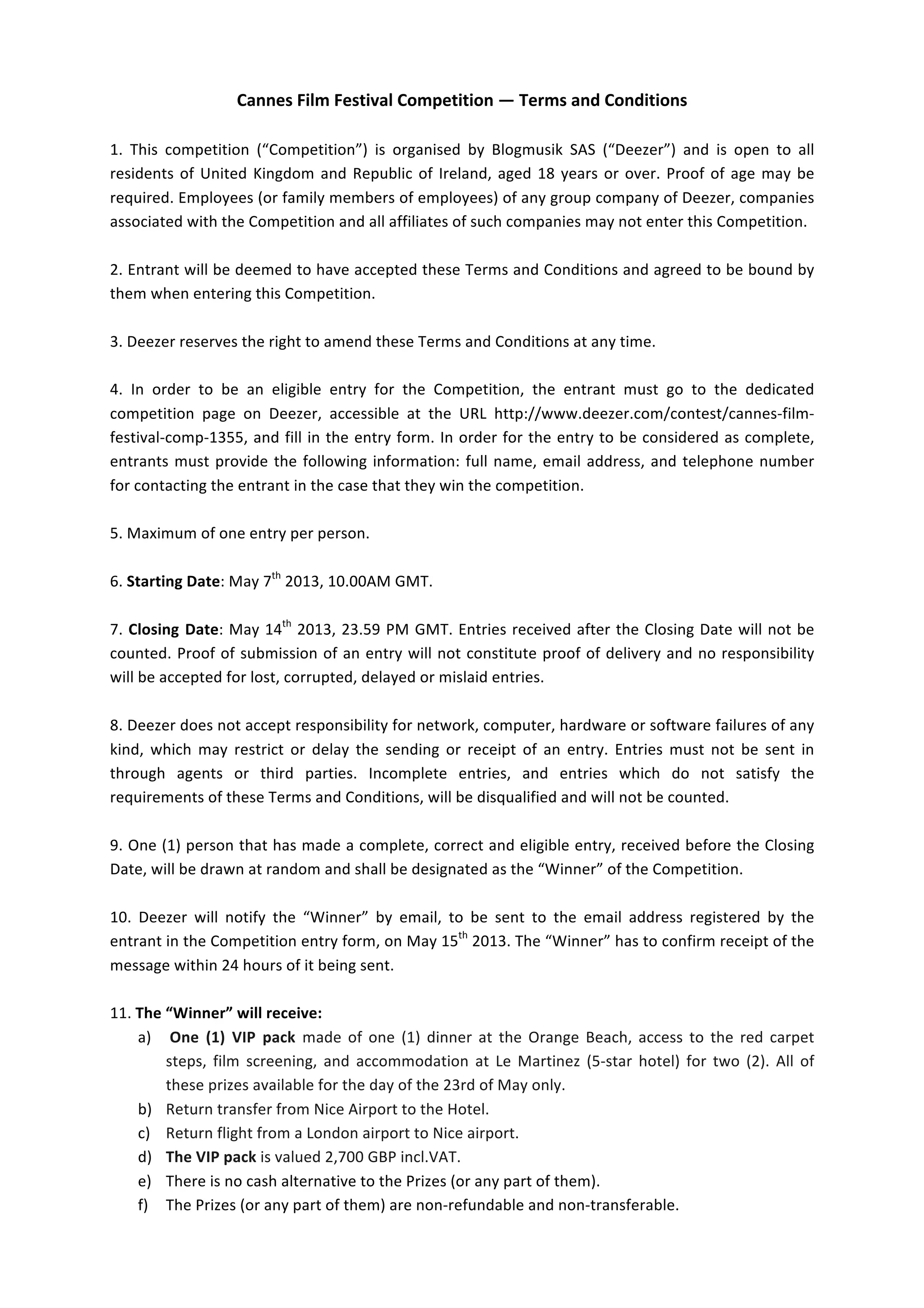 Cannes Film Festival Competition - Terms & Conditions | PDF