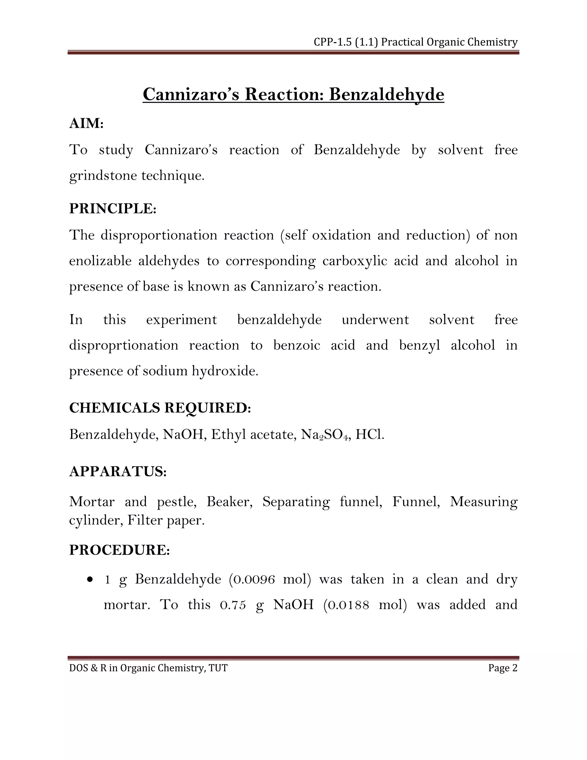Cannizaro's reaction benzaldehyde | PDF