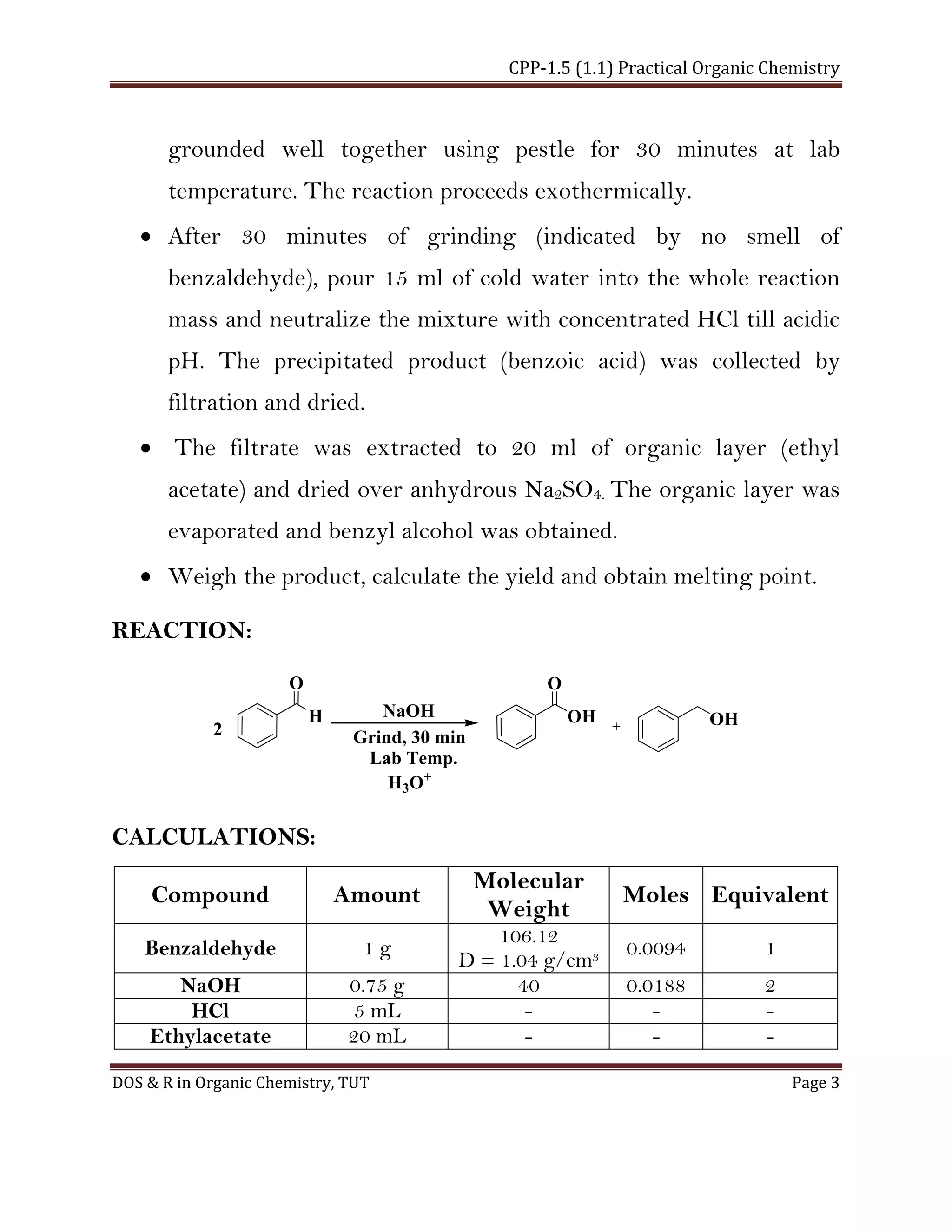 Cannizaro's reaction benzaldehyde | PDF