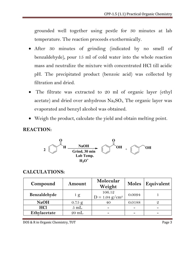 Cannizaro's reaction benzaldehyde | PDF