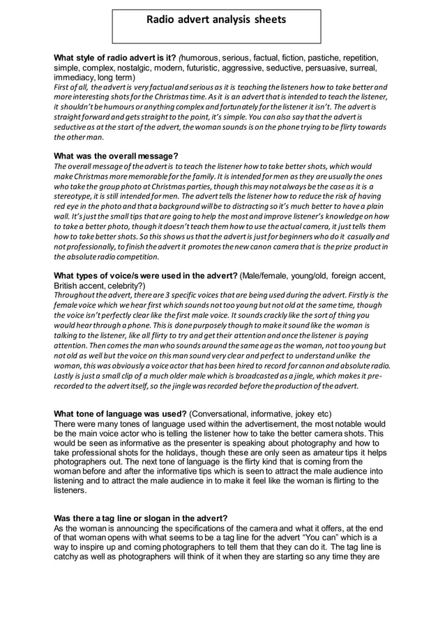 Cannon radio advert | DOCX | Cameras and Camcorders | Consumer Electronics