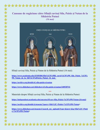 Canoane de rugăciune către Sfinții cuvioși Sila, Paisie și Natan de la ...