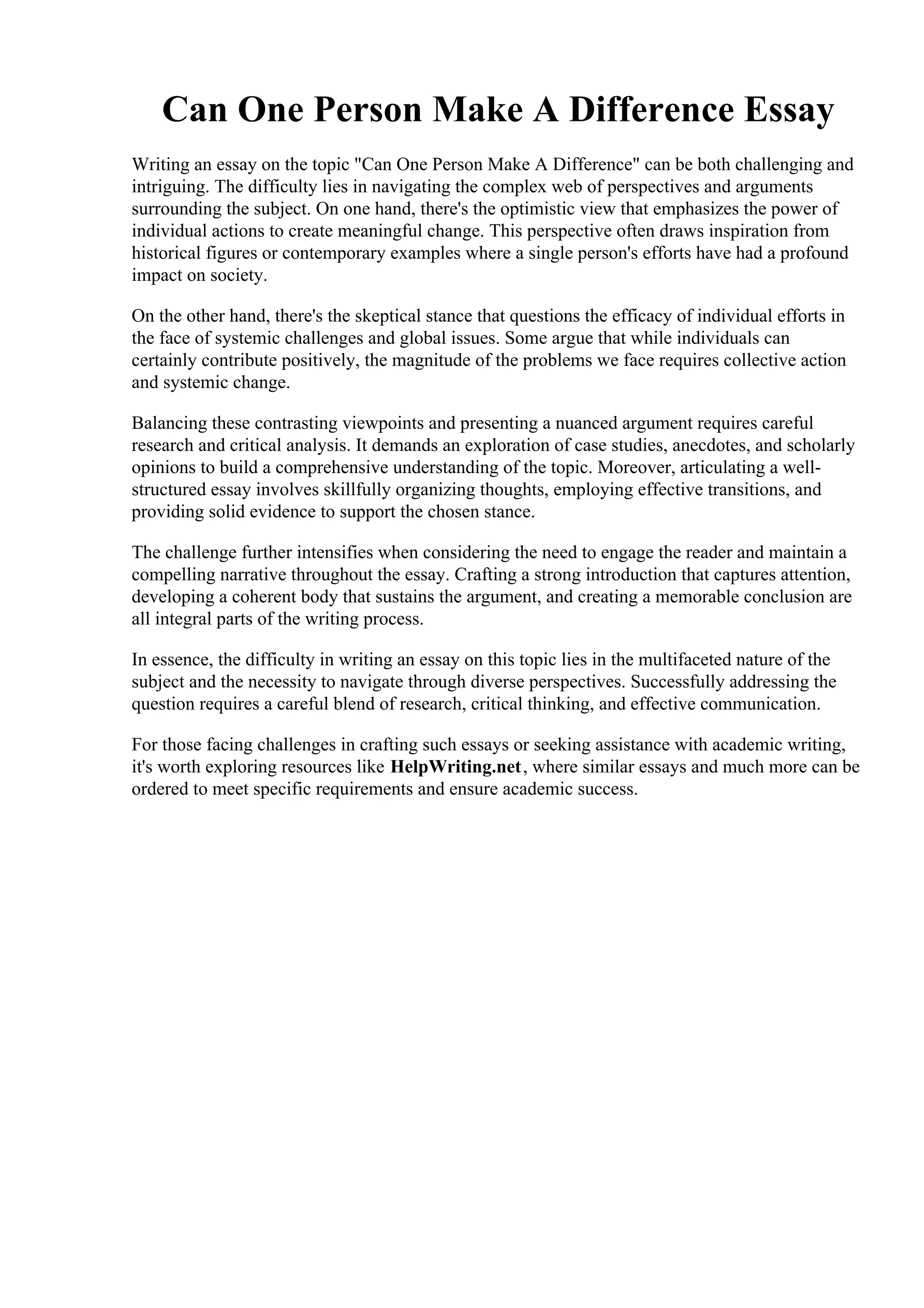 Can One Person Make A Difference Essay | PDF