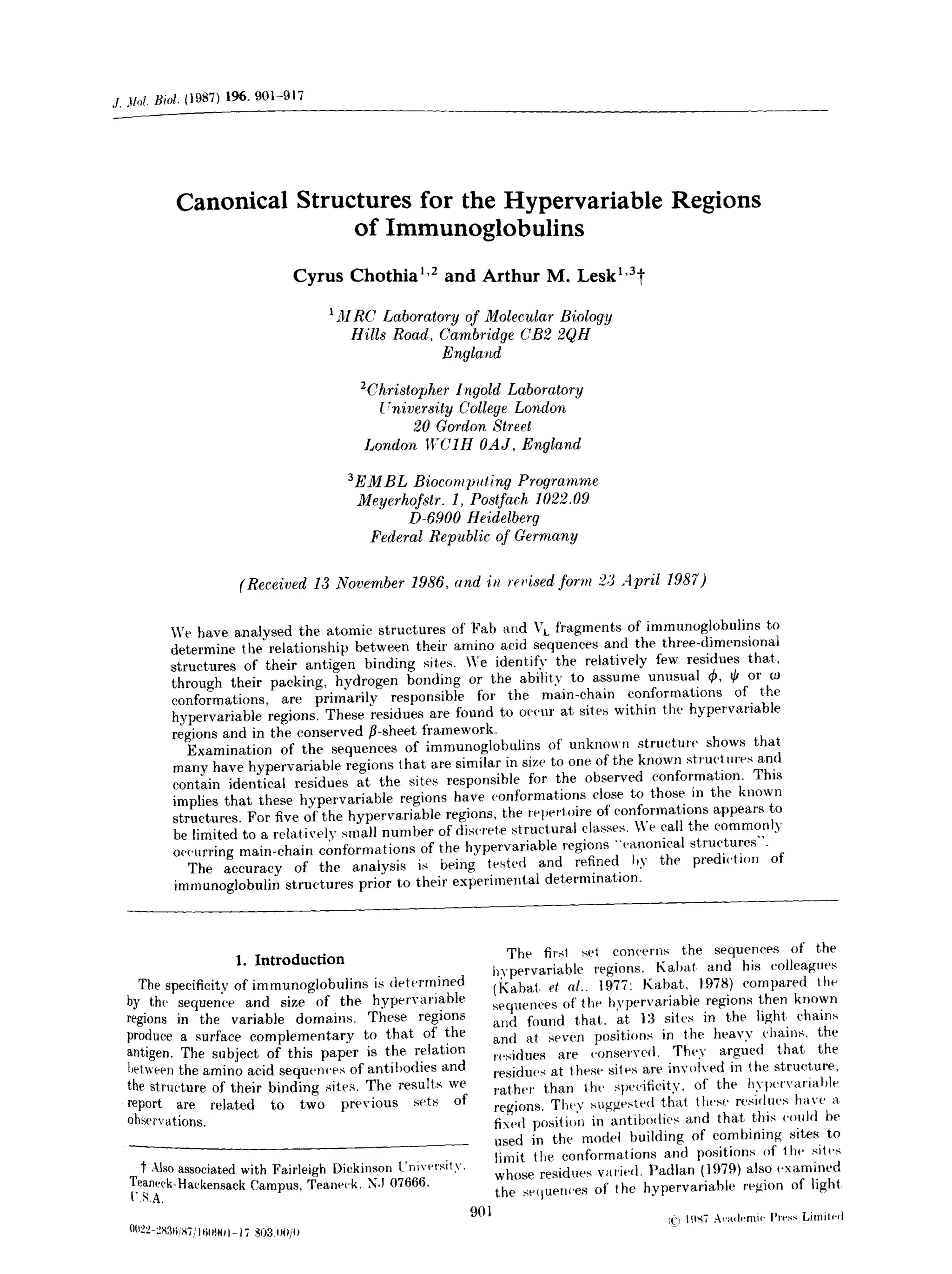 Canonical structures for the hypervariable regions of immunoglobulins | PDF