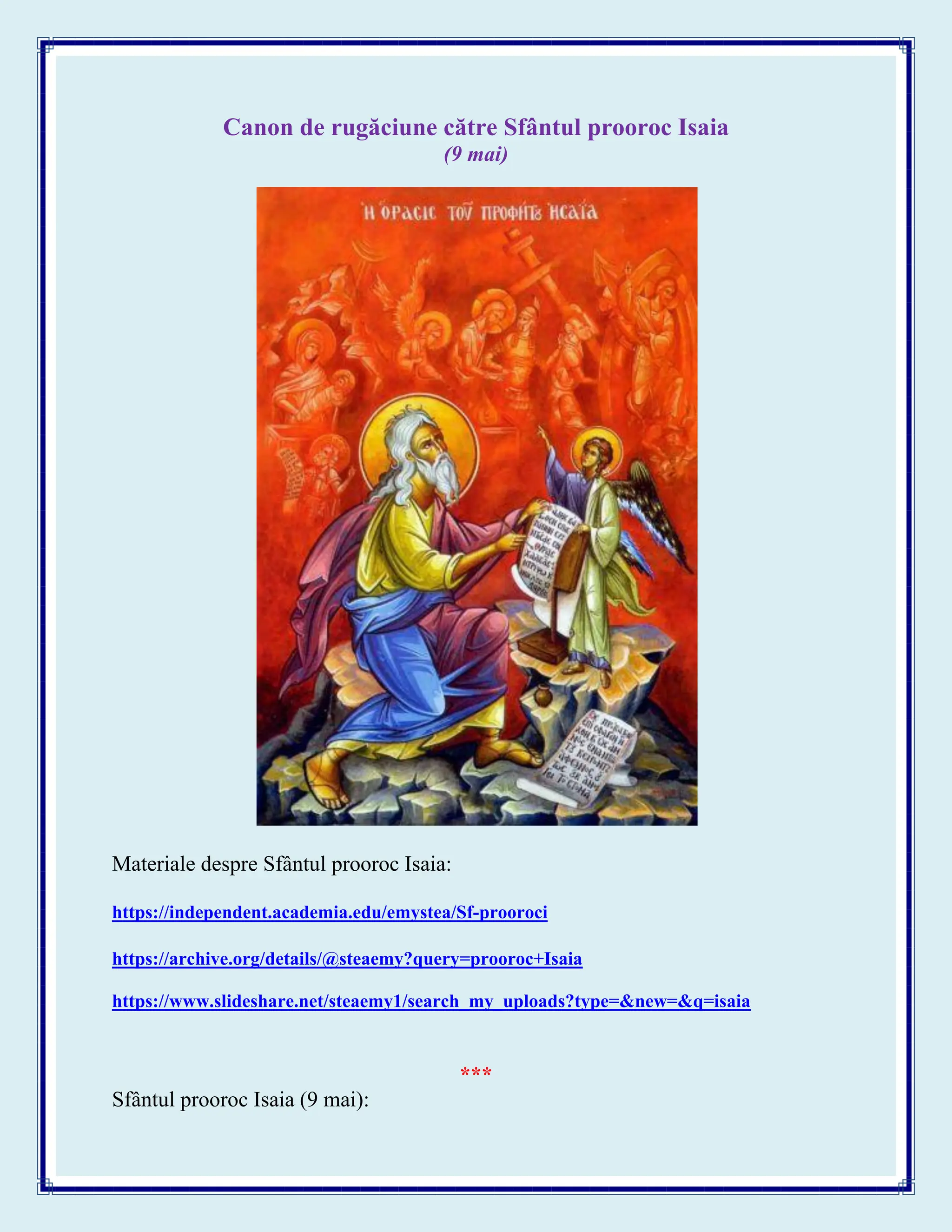 Canon de rugăciune către Sfântul prooroc Isaia (9 mai) | PDF