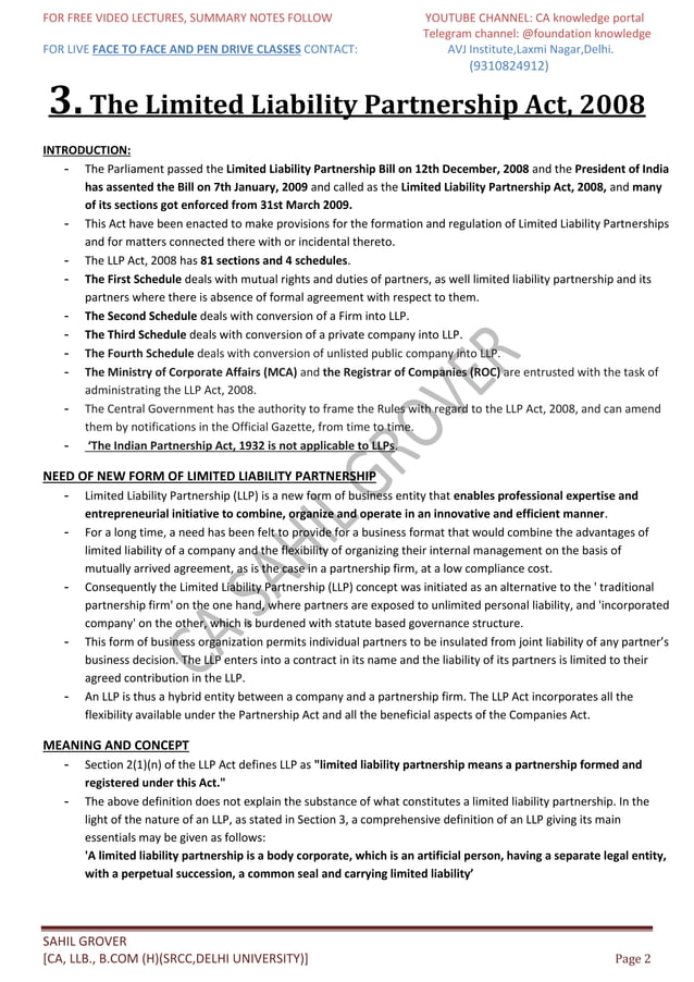 CA NOTES ON THE LIMITED LIABILITY PARTNERSHIP ACT 2008 | PDF