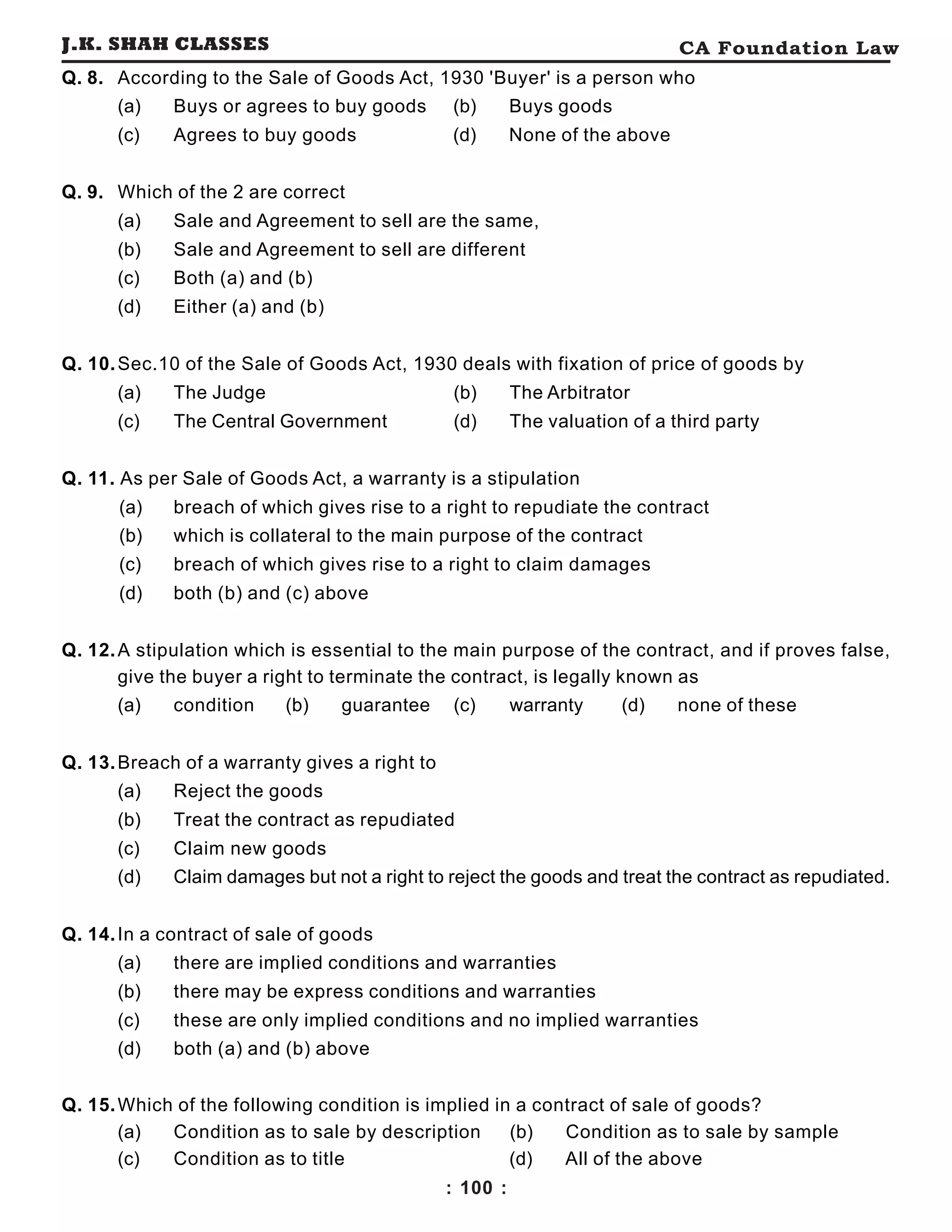 CA NOTES ON THE SALES OF GOODS ACT 1930 | PDF